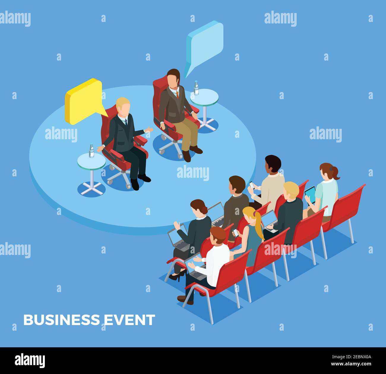 Business coaching isometric template with personnel and speakers on ...