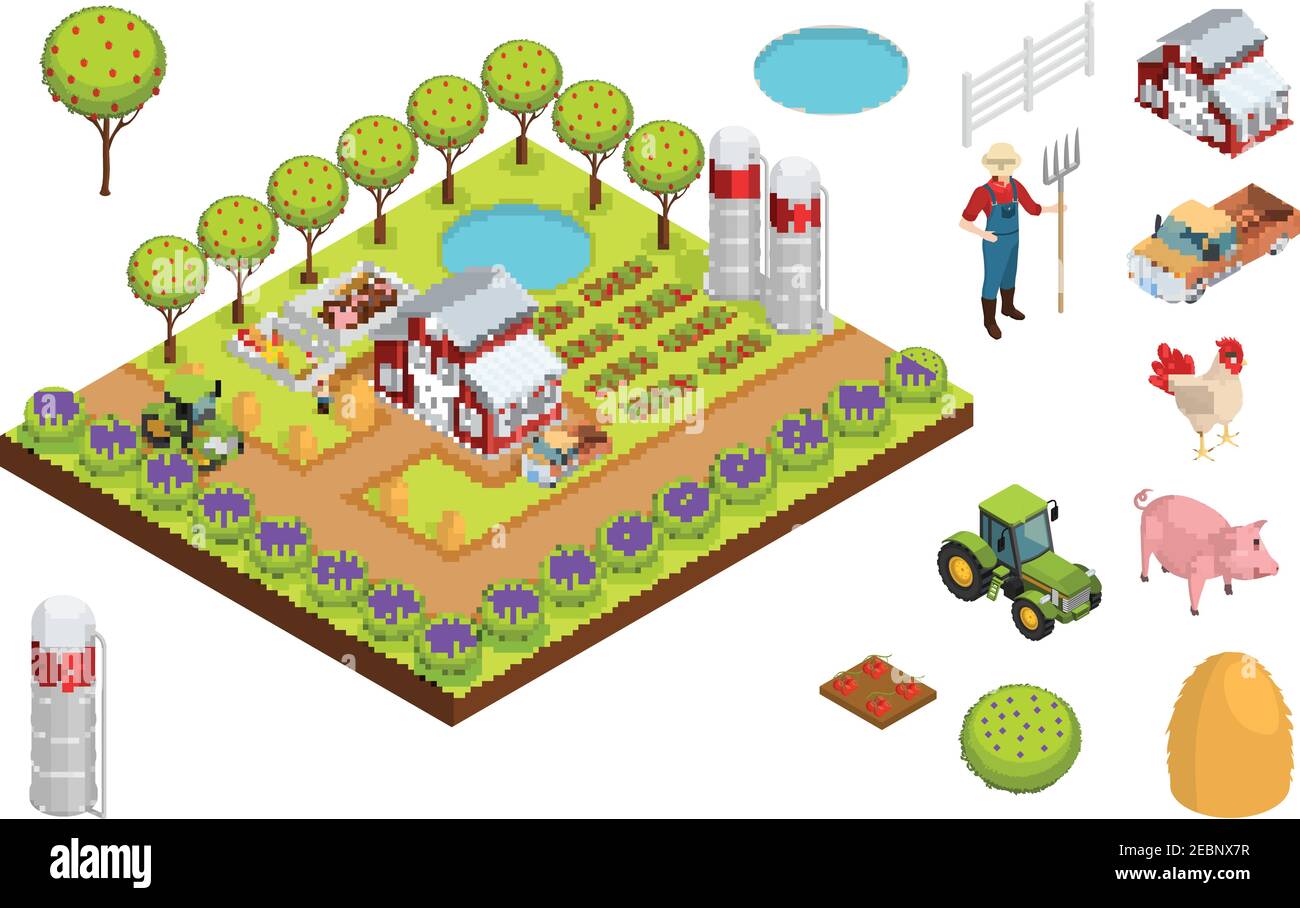 Farm isometric composition layout creating a farm with a house trees ...