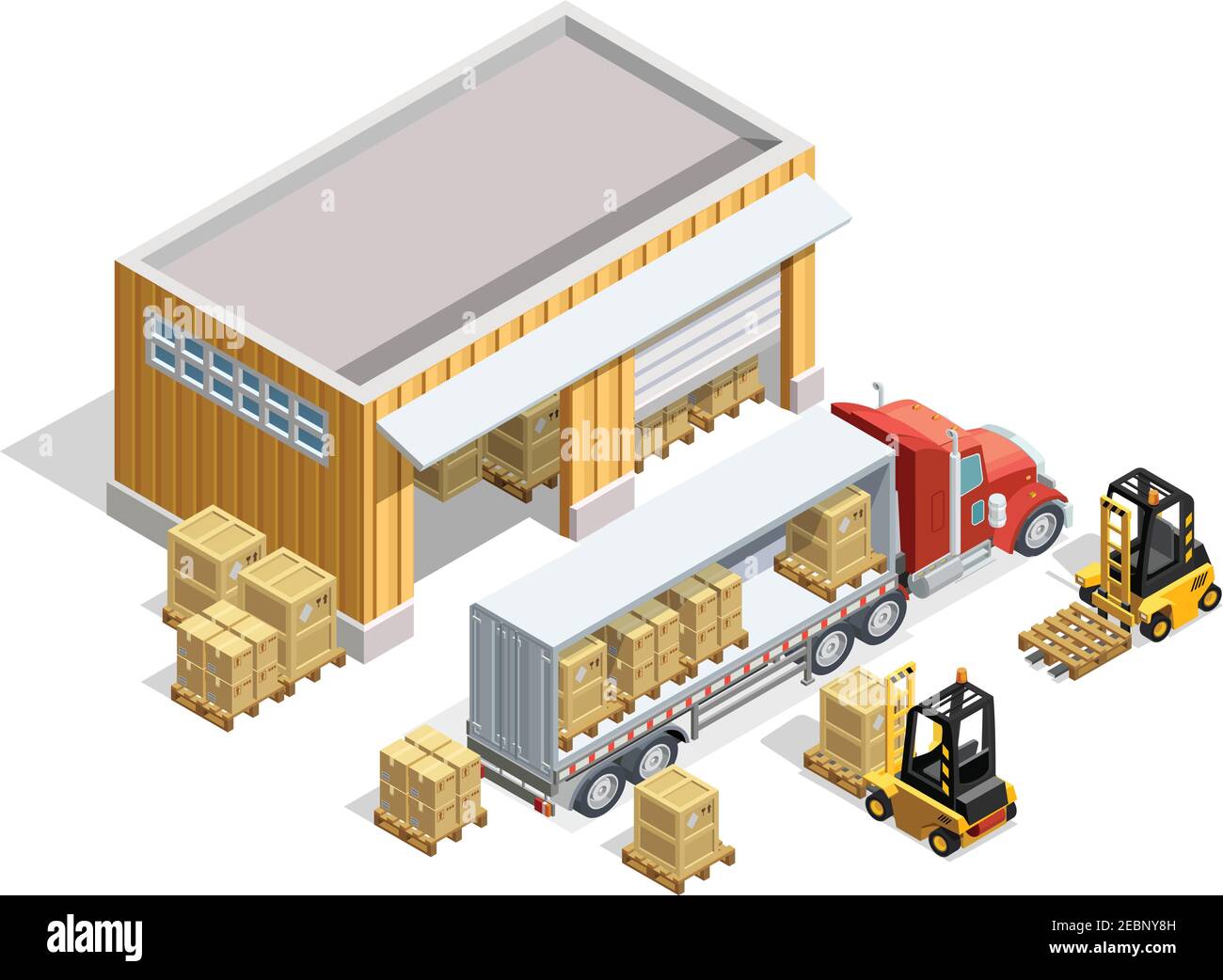 Warehouse isometric template with storage and forklifts loading cargo ...