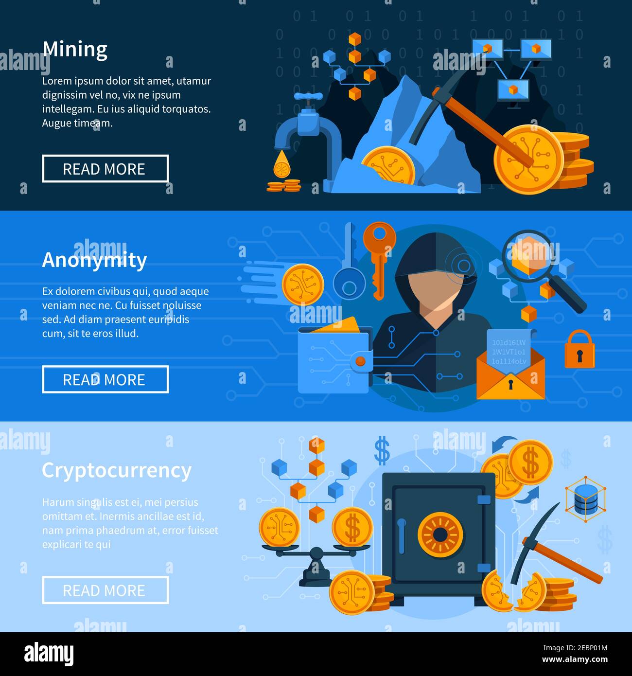 Set of horizontal banners in flat style with virtual currency mining and anonymity isolated ...