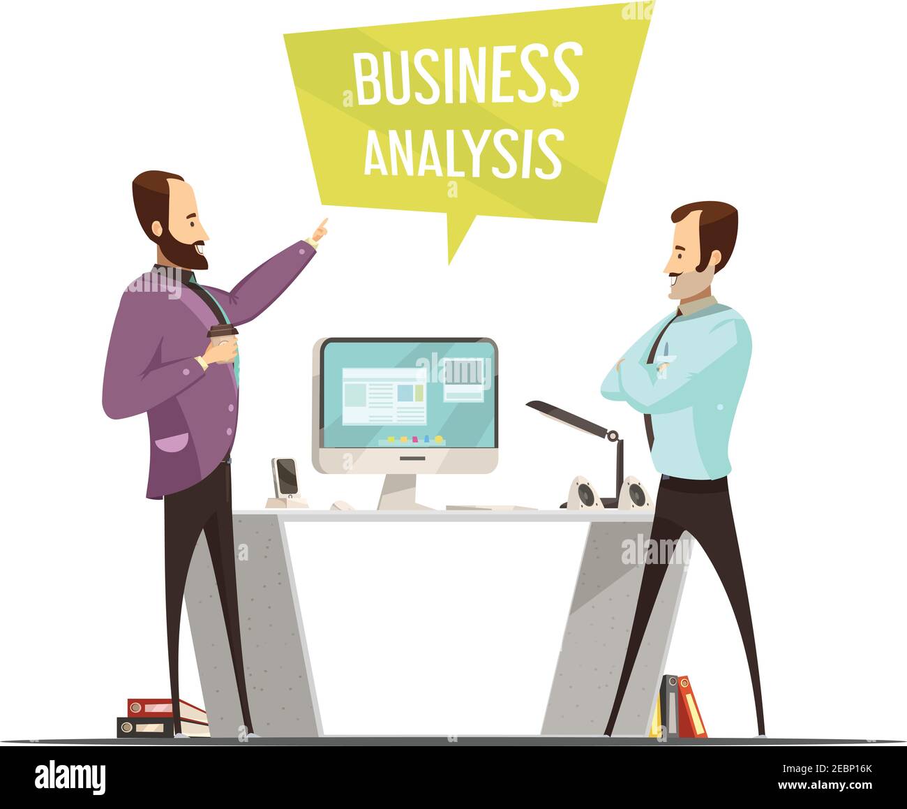 Business analysis design with speech bubble and standing men near table ...