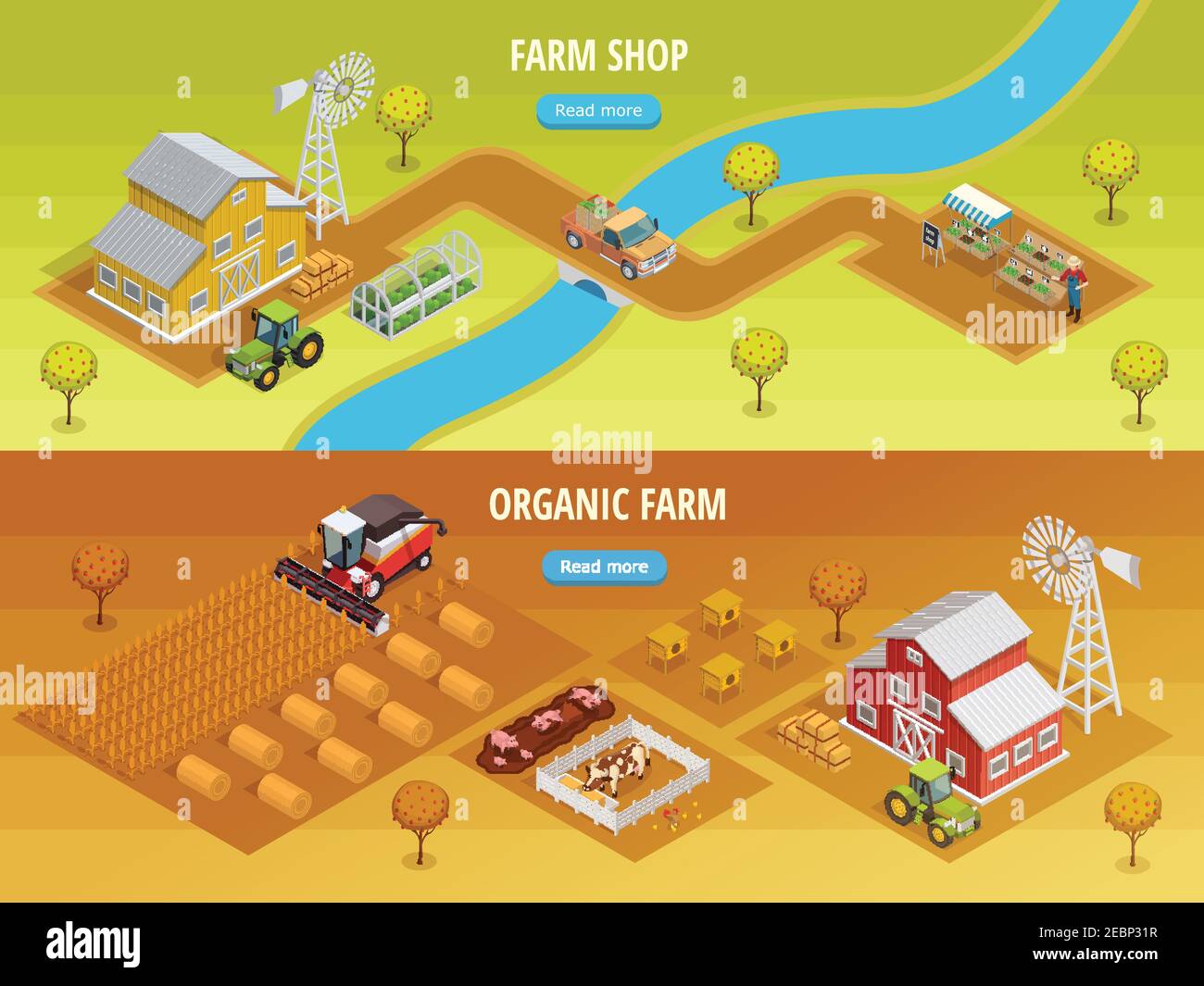 Farm isometric horizontal banners with barn agricultural vehicles ...