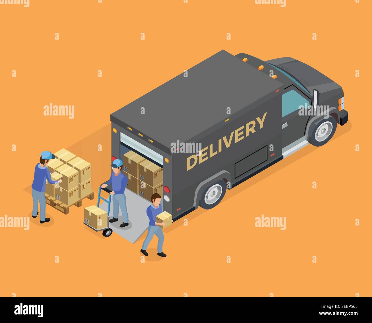Unloading isometric concept with truck boxes and loaders on orange ...