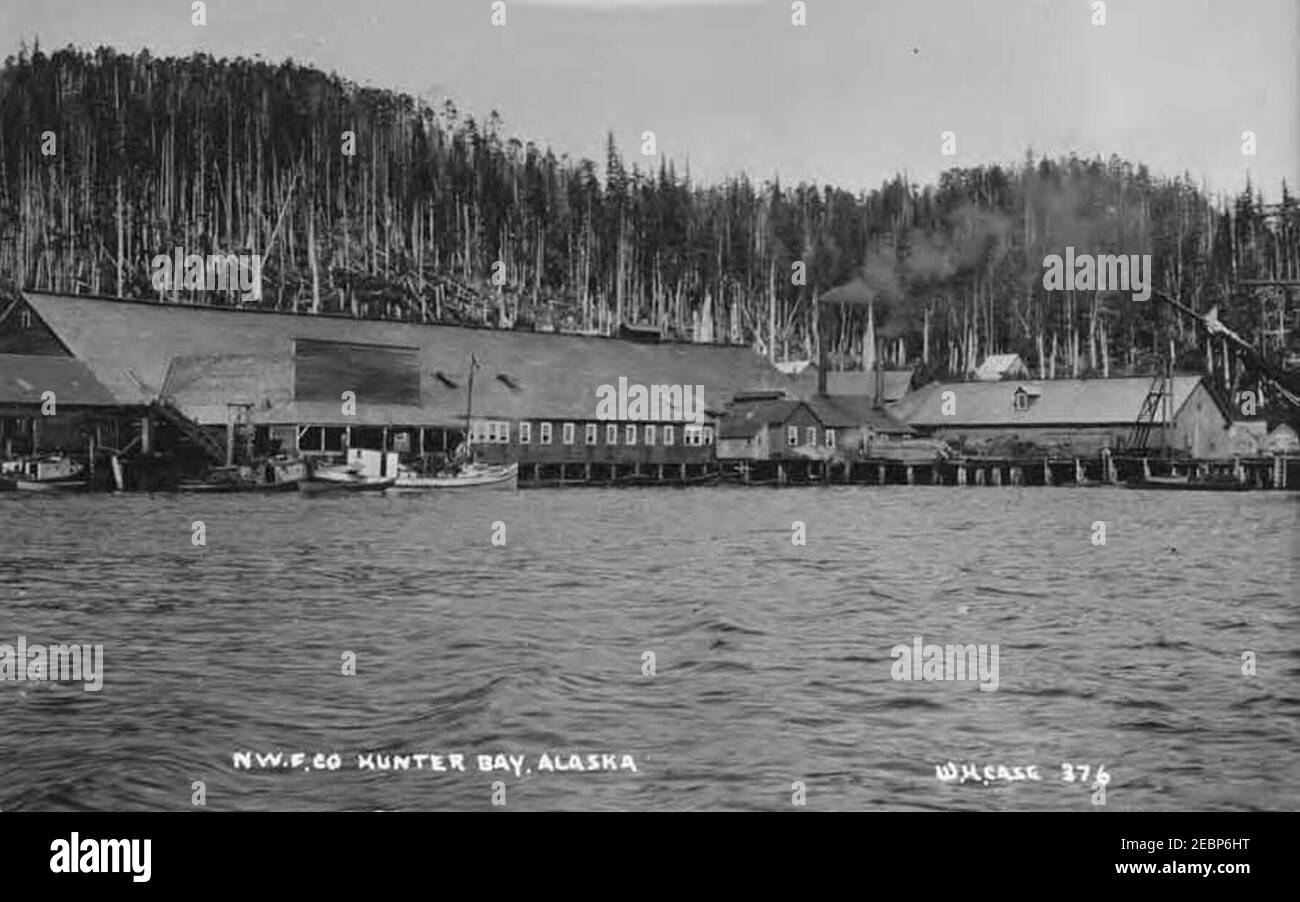 NWF Company processing plant from water, Hunter Bay, Alaska, circa 1908 ...