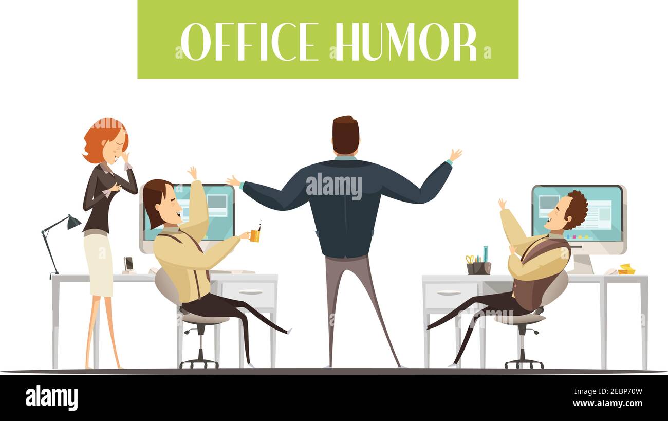 Office humor design in cartoon style with laughing men and woman in ...