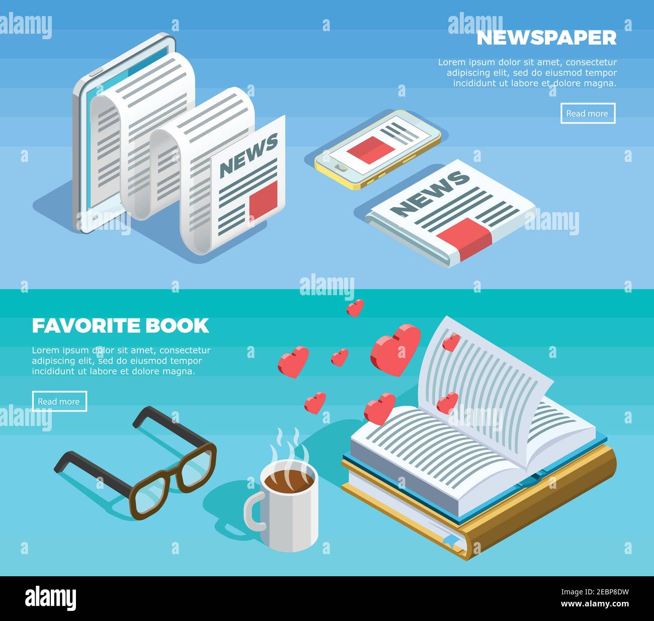 Two horizontal isometric reading banner set with newspaper and favorite ...