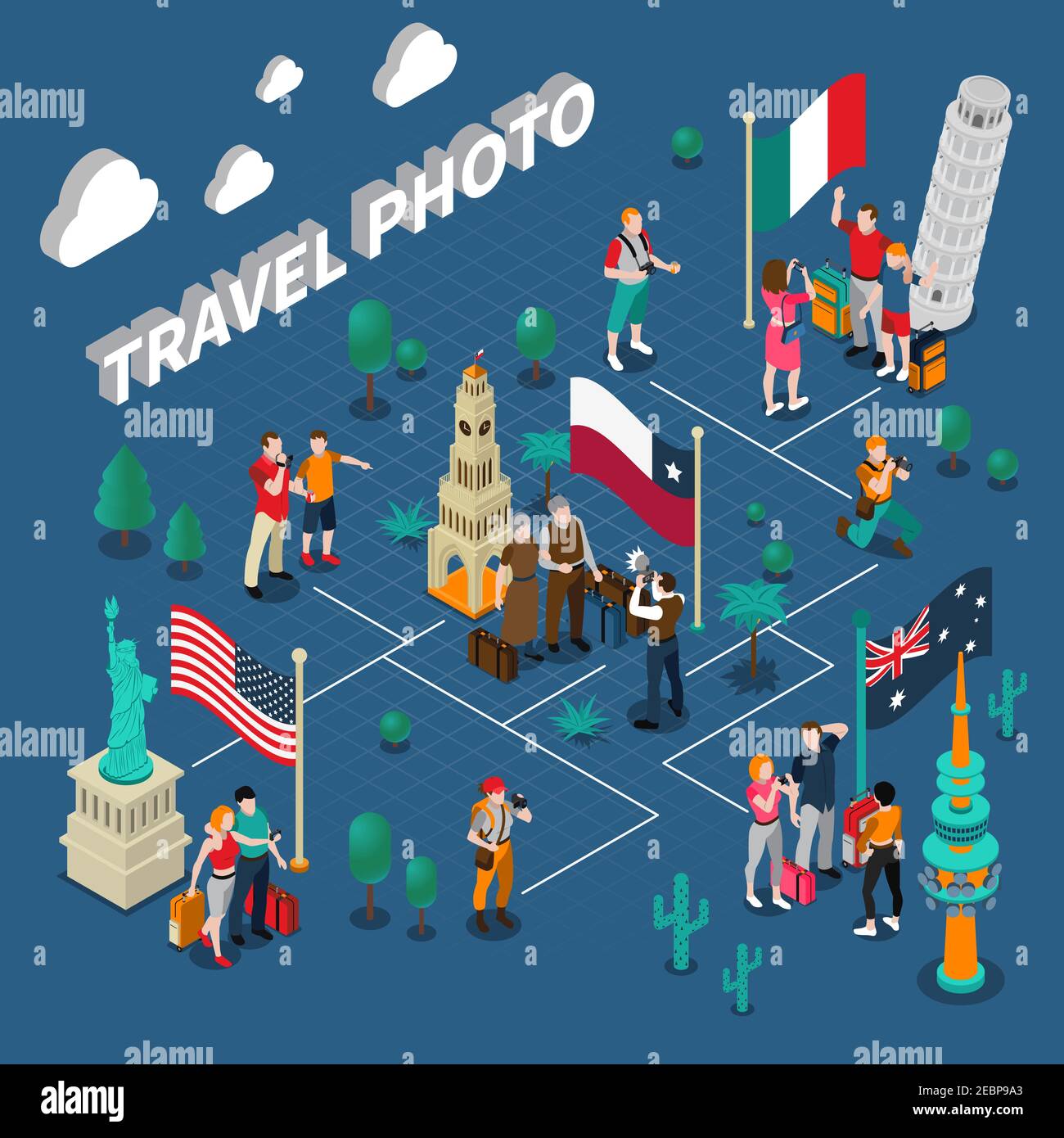 Journey people isometric template with tourists photographing in ...