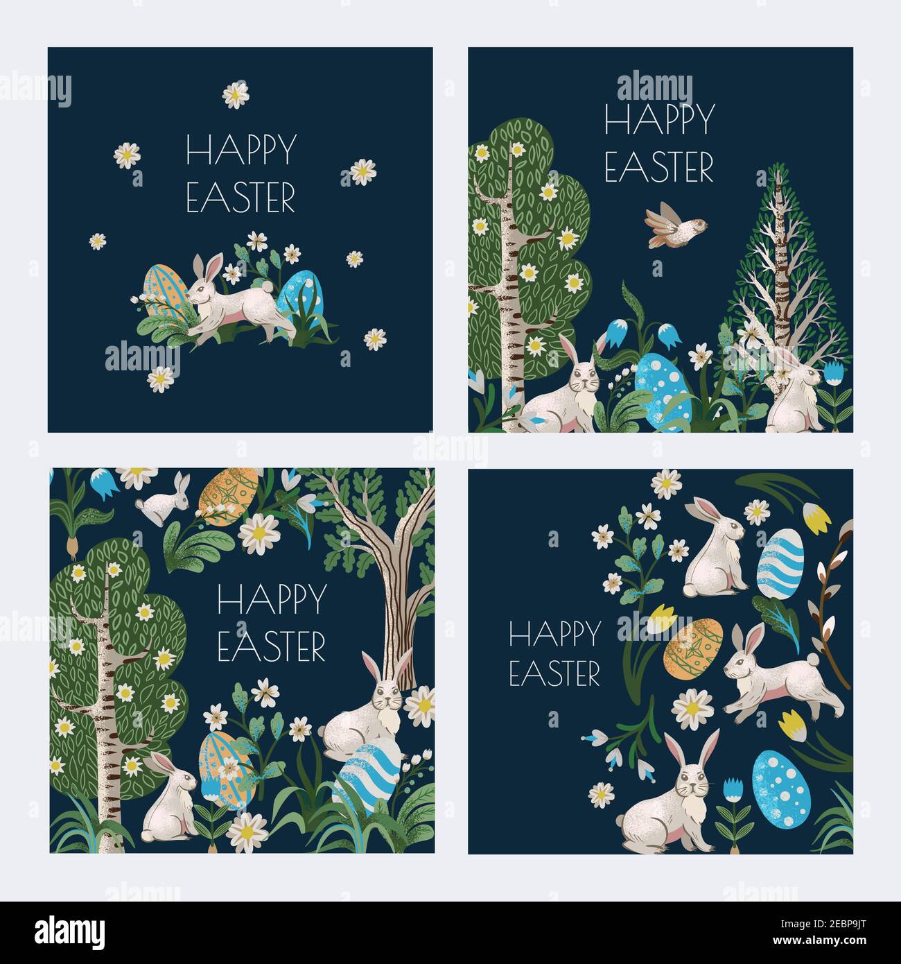 Easter card with rustic trees, rabbits, eggs and other. Vector ...