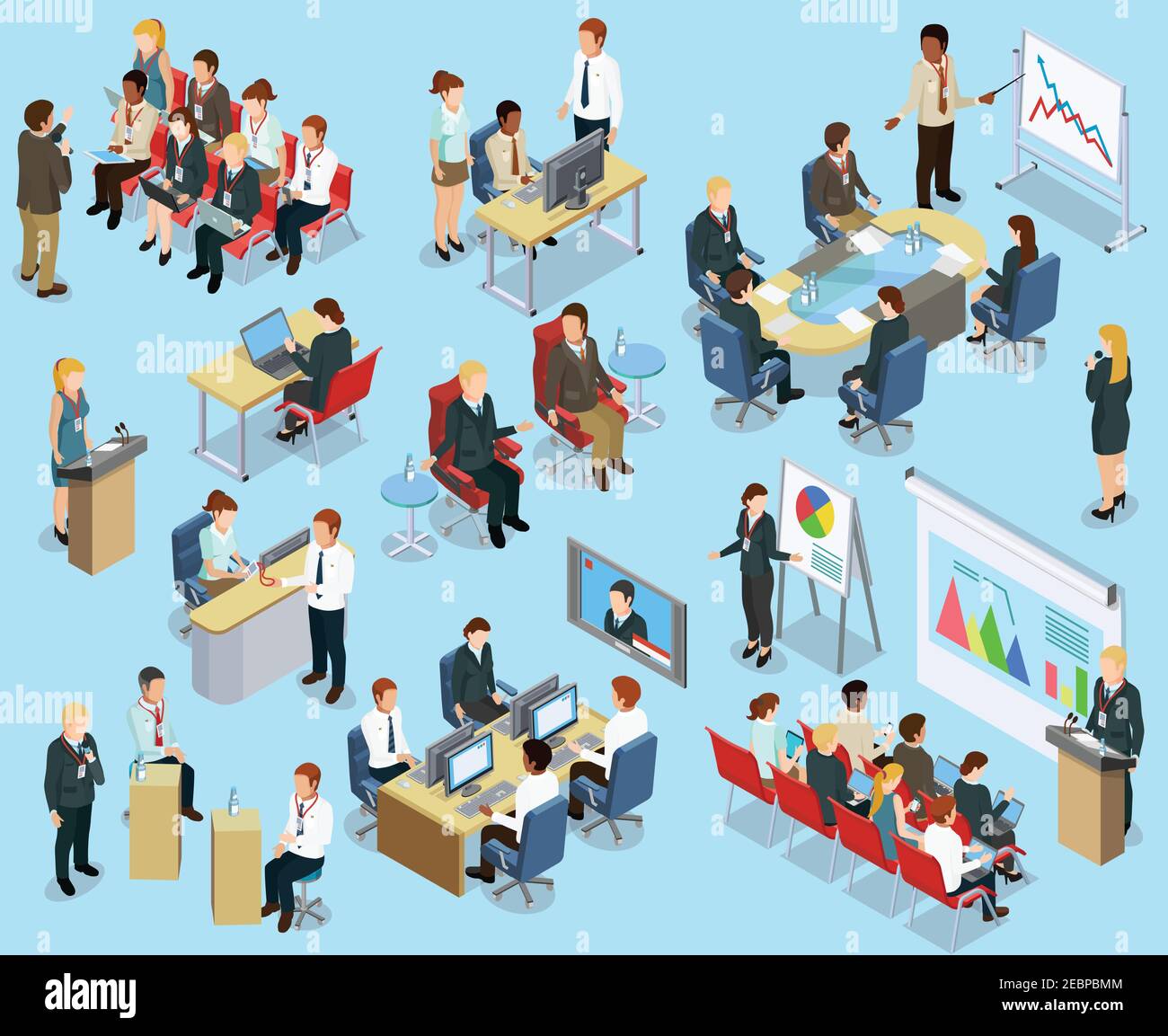 Business coaching isometric collection with different ways of employee ...