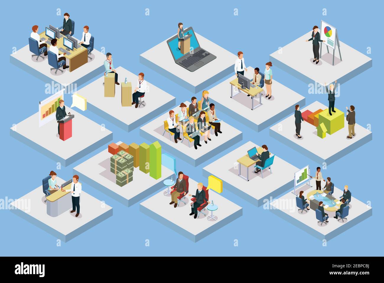 Business training isometric set with staff coaching and learning on ...