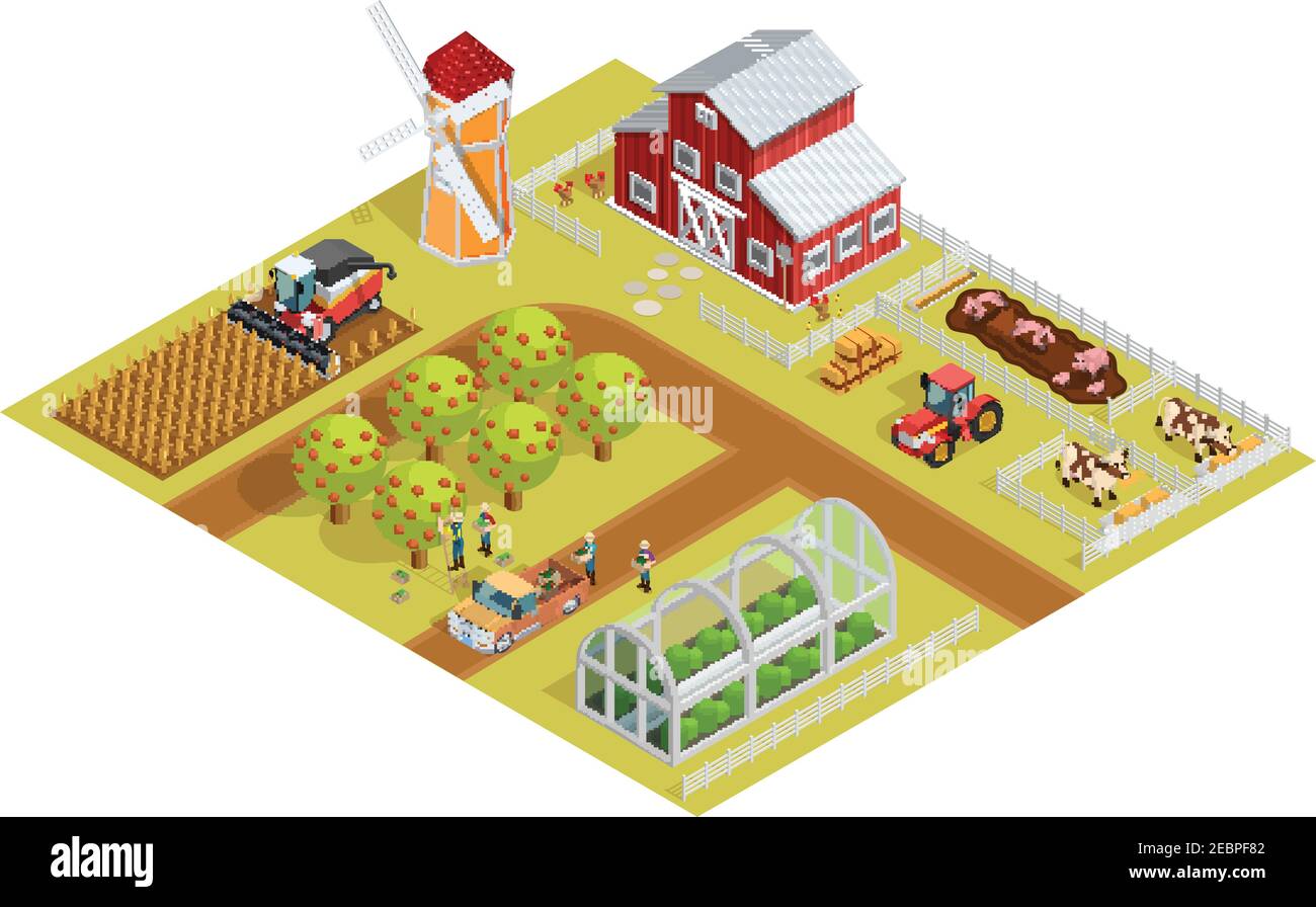Farm isometric template with garden trees animals agricultural vehicles ...