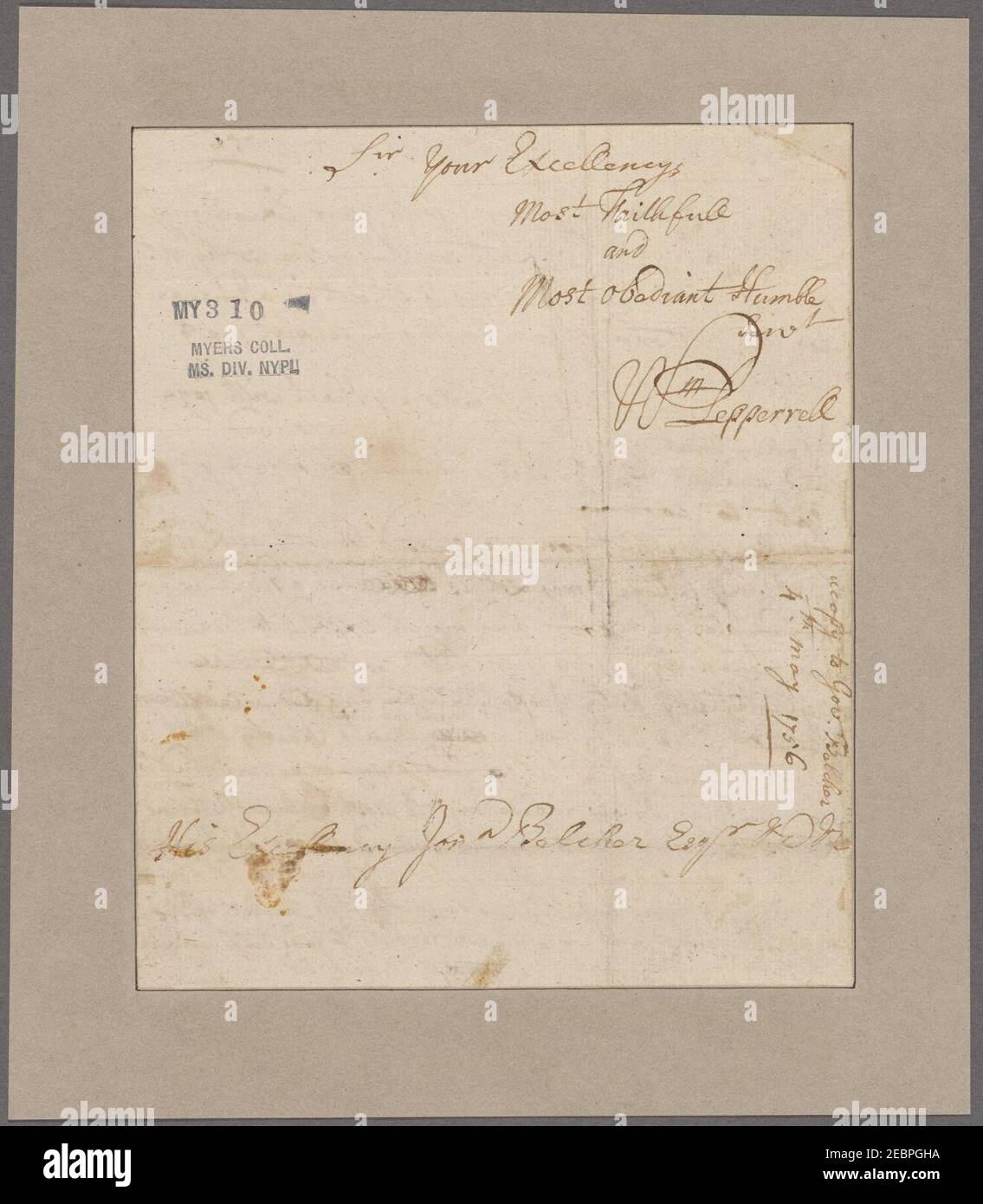 Pepperrell, Sir William. Kittery (Maine). To Governor Jonathan Belcher ...