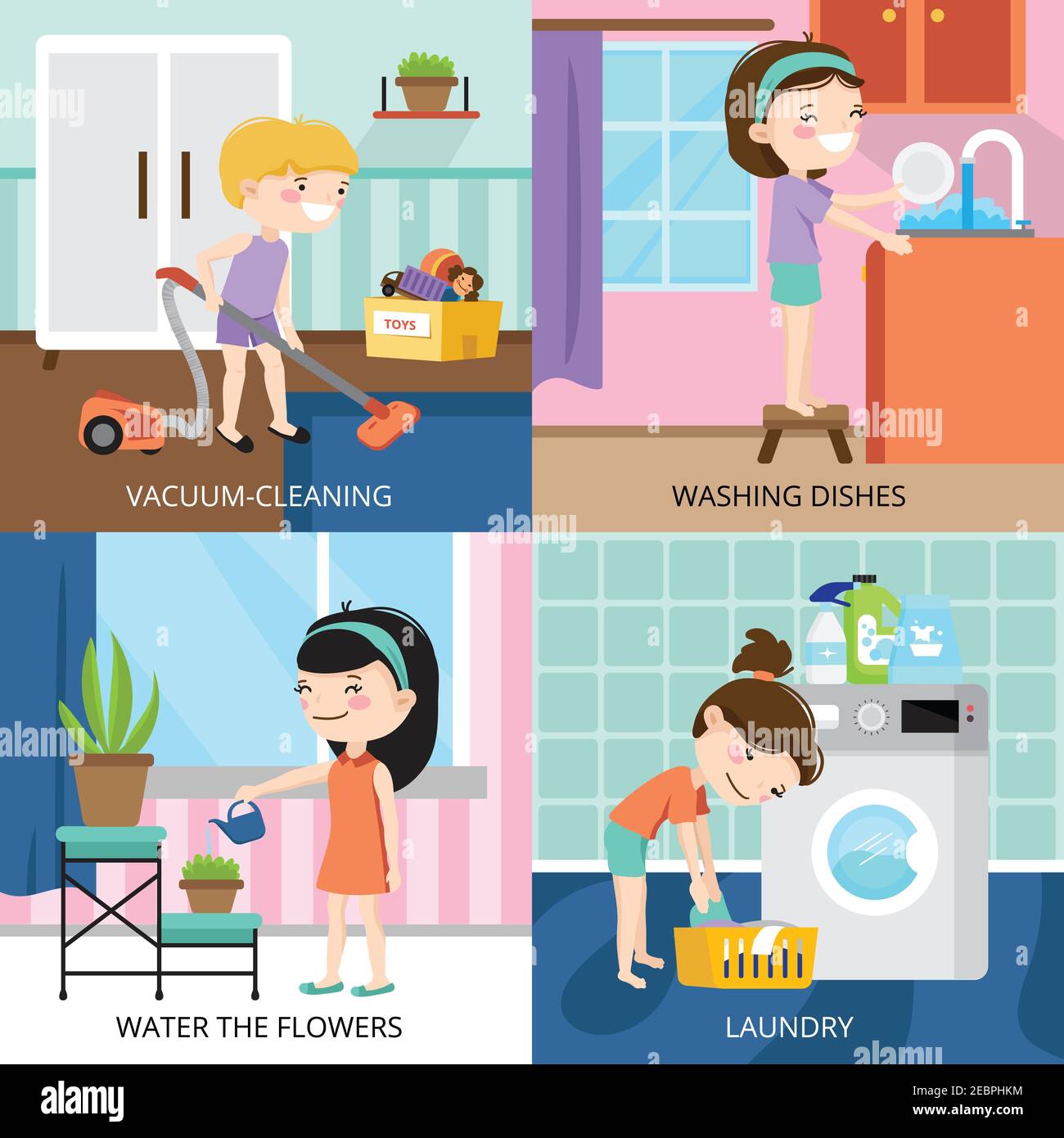 Colorful cartoon 2x2 design concept with kids cleaning house isolated ...