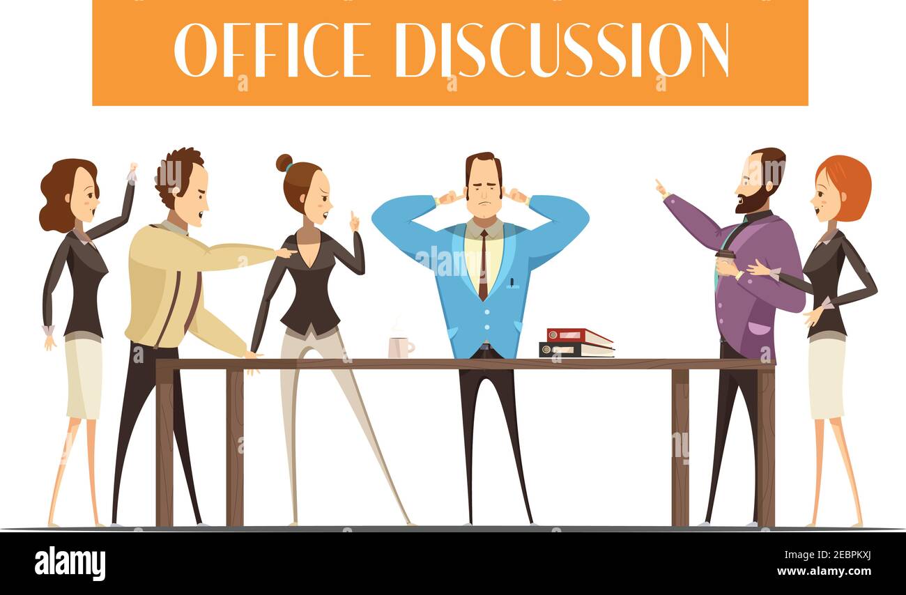 Stylish men and women around wooden table during emotional discussion ...