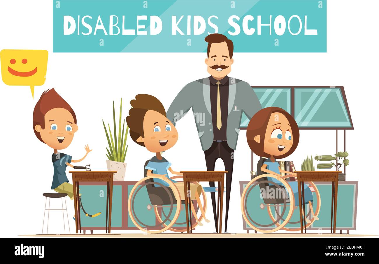 Learning of disabled kids design with boys girl at desks and smiling ...