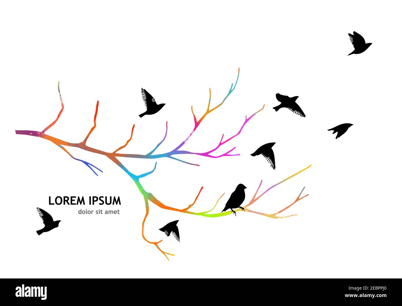 A multi-colored bare tree branch with birds . Vector illustration Stock ...