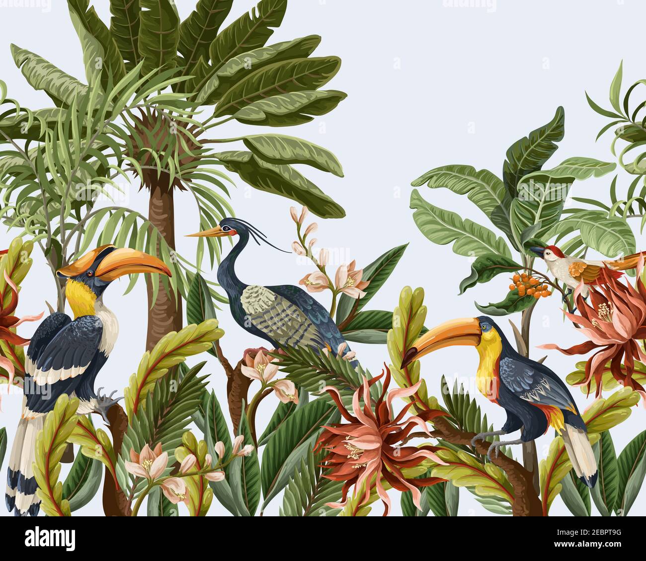 Border with birds and tropical leaves and flowers for interior. Vector ...