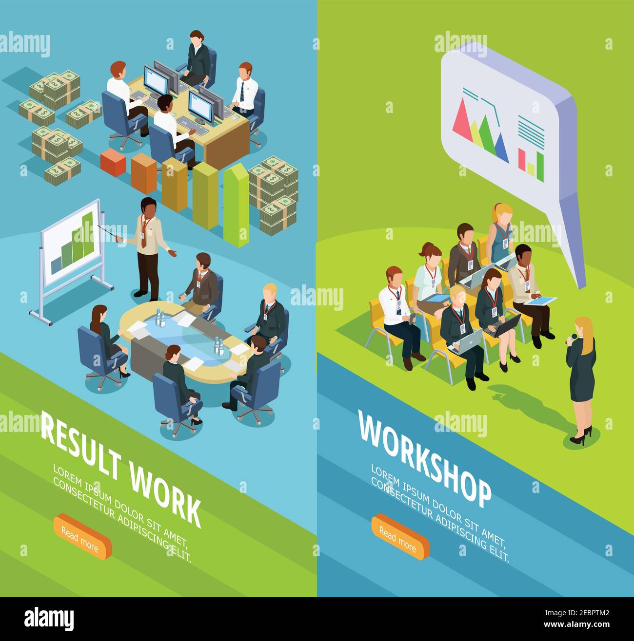 Business learning isometric vertical banners with place for staff ...