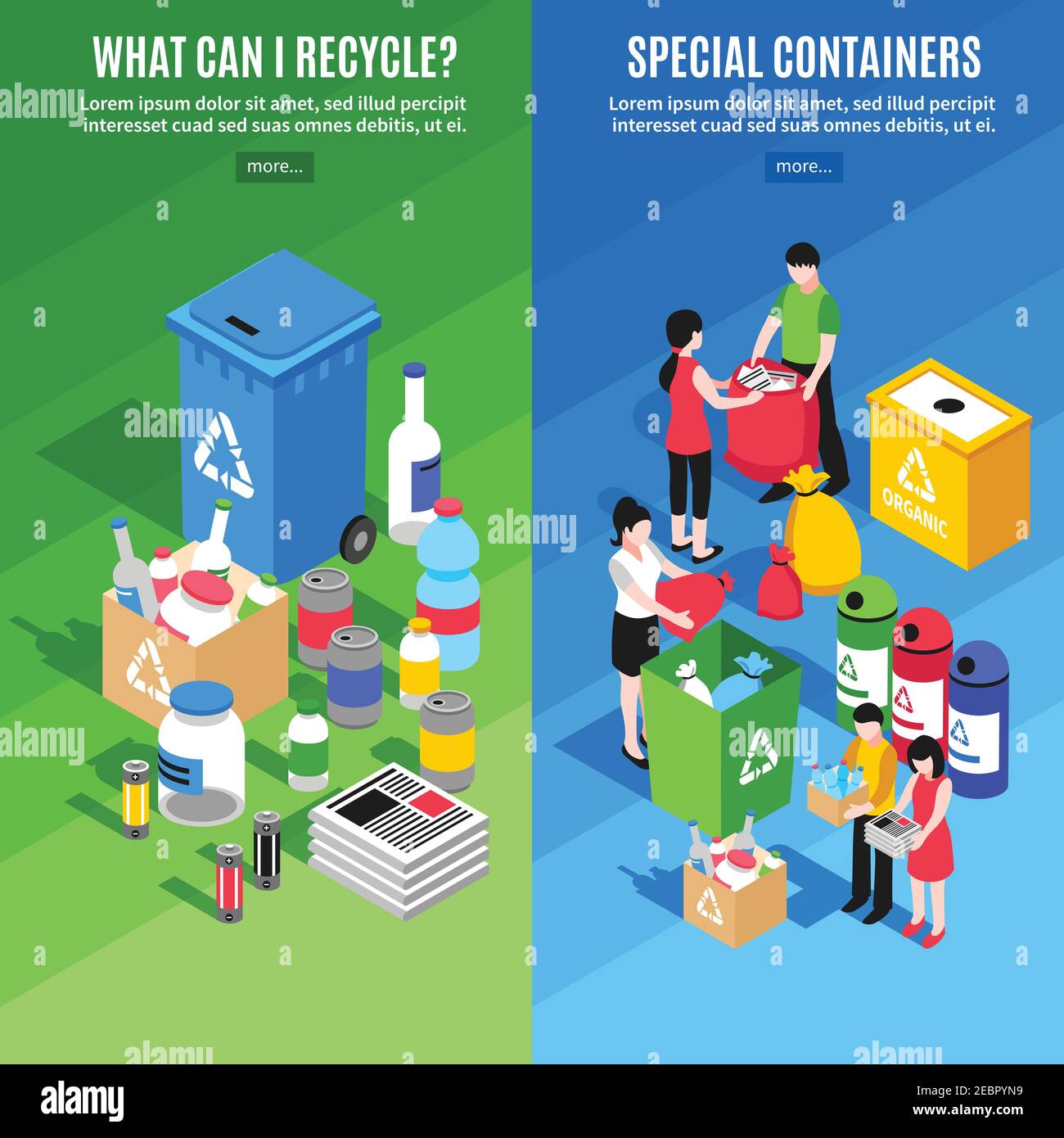 Two vertical banners set with isometric garbage recycling images ...
