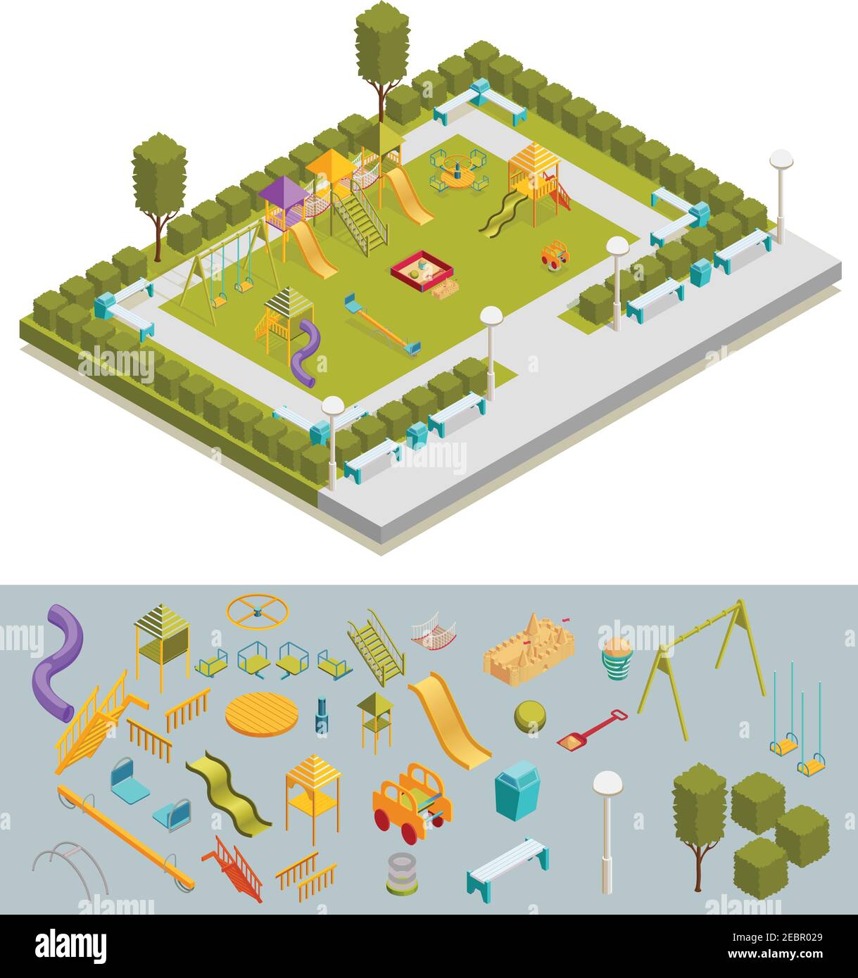 Colored 3d isometric playground composition with ready layout a ...