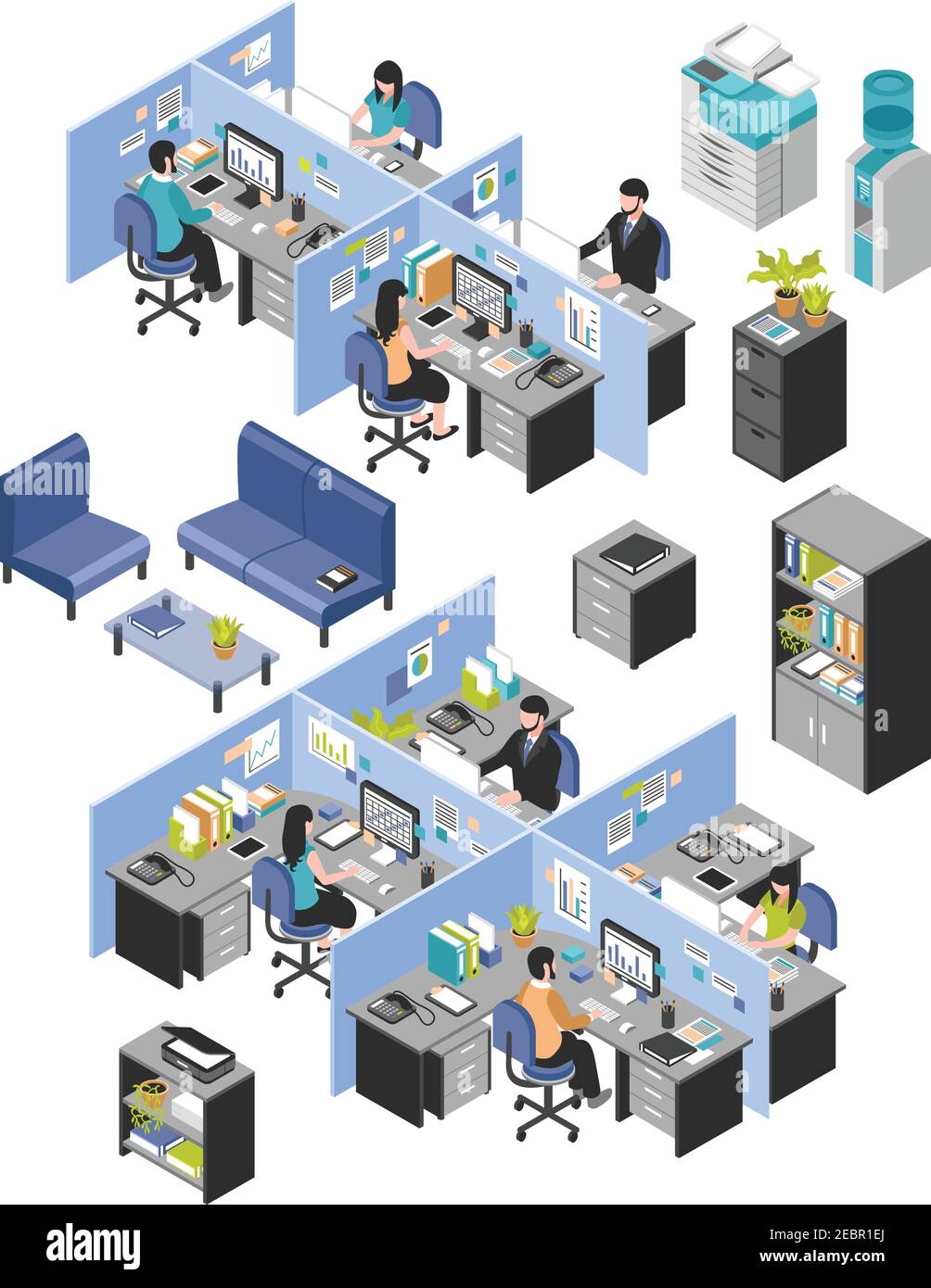 Isolated isometric cubicle office workplaces set with desktop tables ...