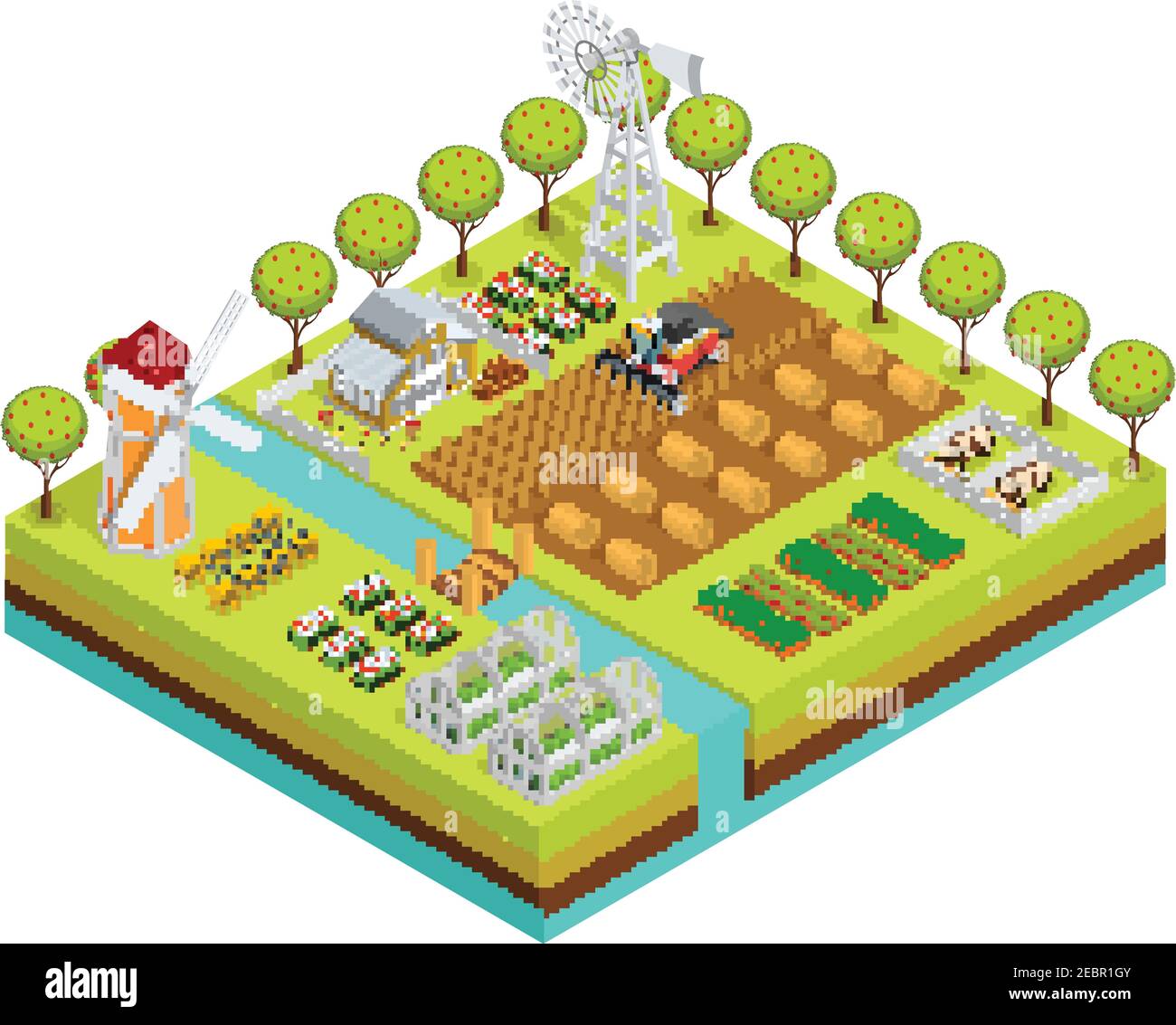 Colored farm isometric with farm project in planting process digging ...
