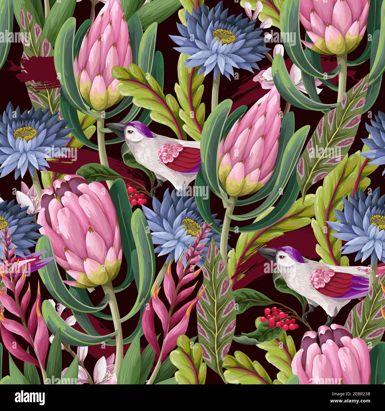Seamless pattern with protea, tropical flowers and birds . Trendy ...