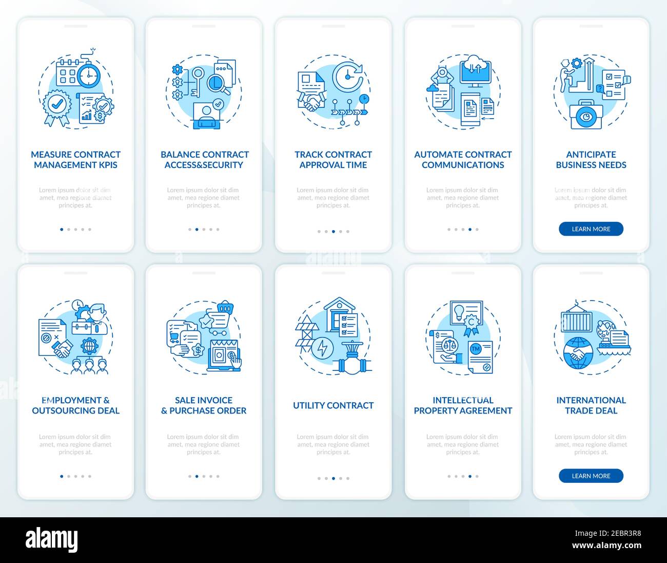 Contract management onboarding mobile app page screen with concepts set ...