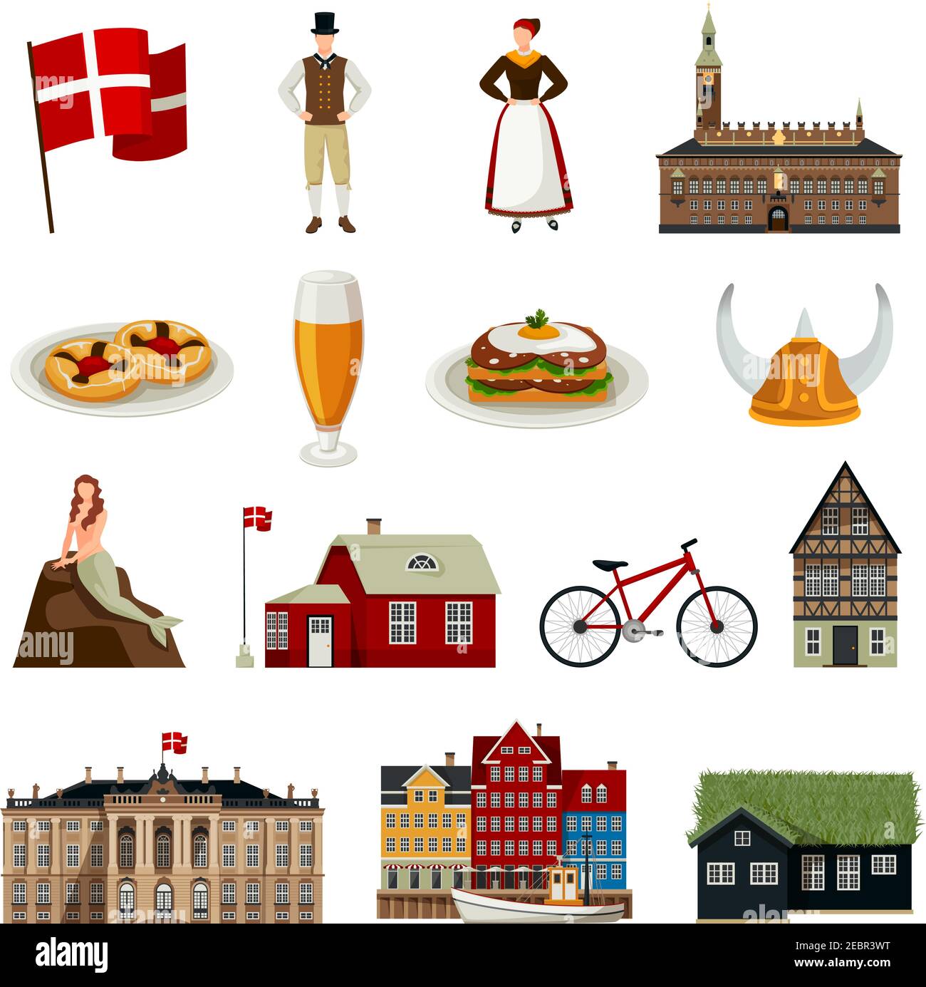 Denmark set of icons in flat style with architecture national flag ...