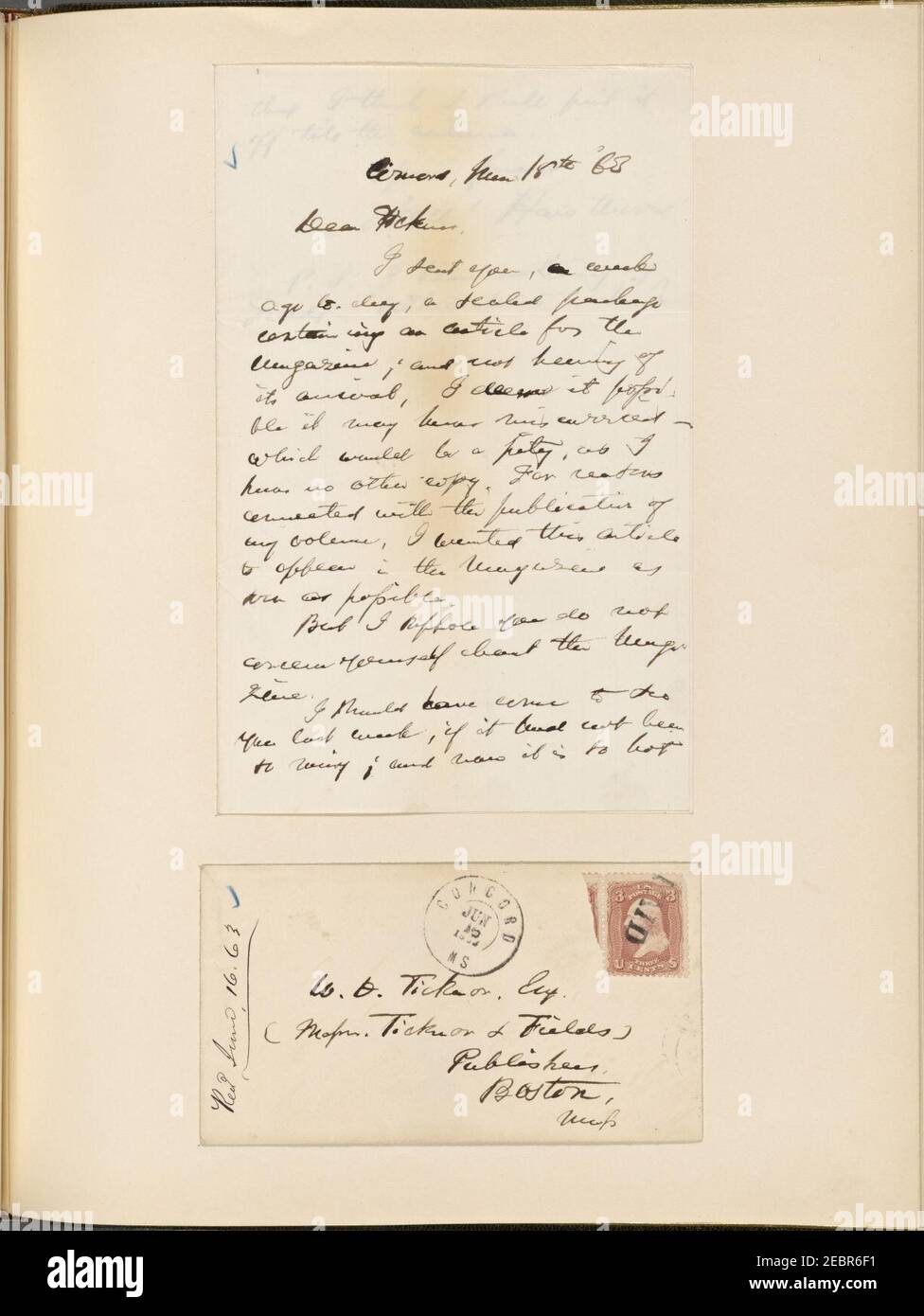 Ticknor, (William D.), ALS to. Jun. 16, 1863 Stock Photo - Alamy