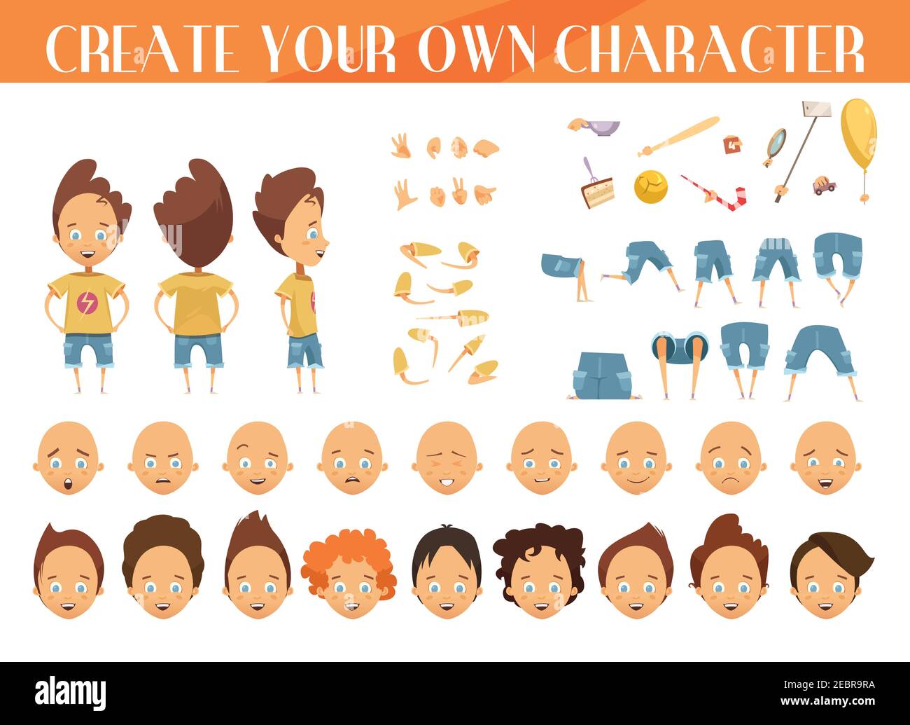 Creation of cartoon character boy set with haircuts emotions legs ...