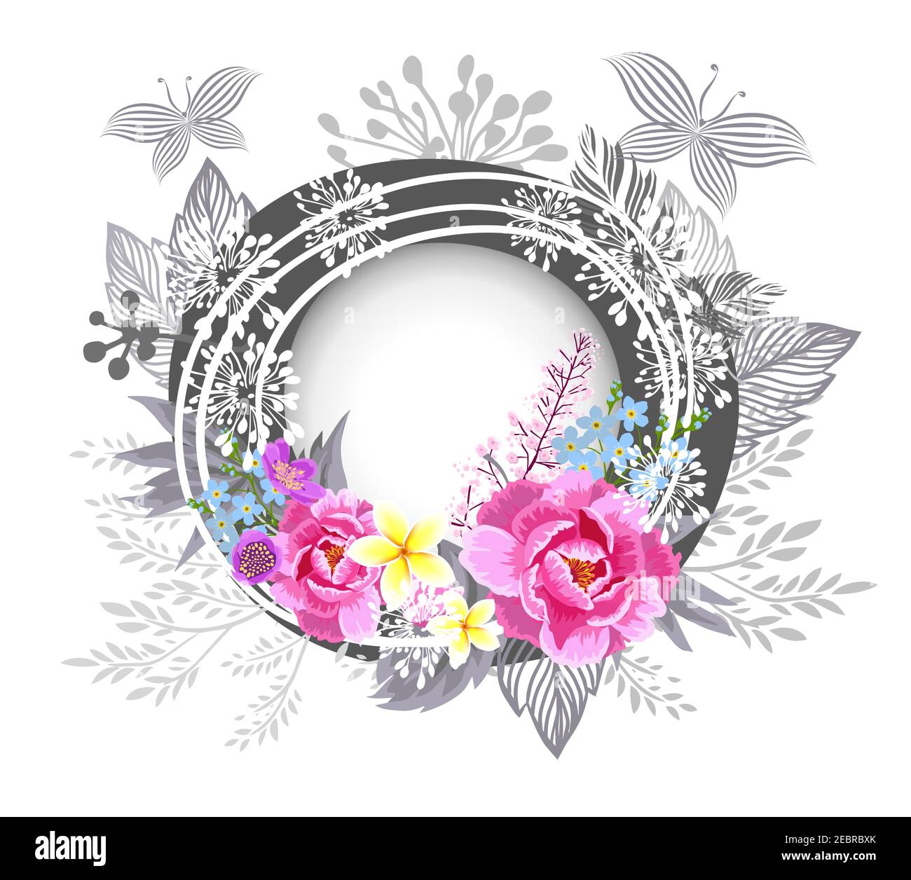 Round floral frame with multicolored flowers. Vector illustration Stock ...