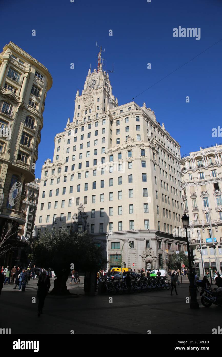 A view of the Telefonica building on the Gran Via in Madrid. From a set ...