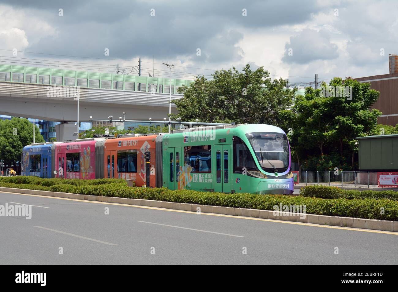 Tram at Qinghu Shenzhen, runs from the metro station at the end of line ...