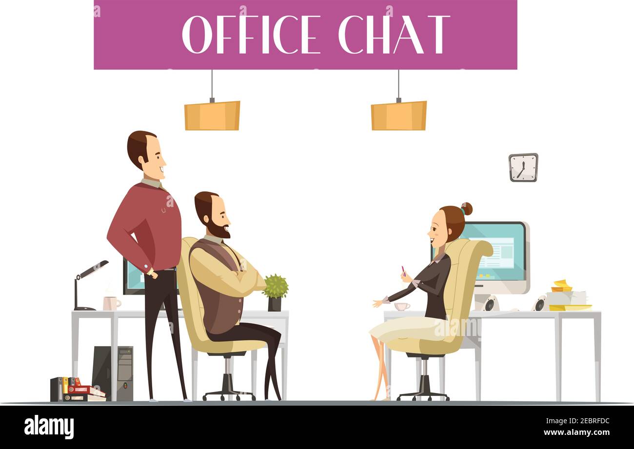 Office chat composition in cartoon style with cheerful men and woman ...