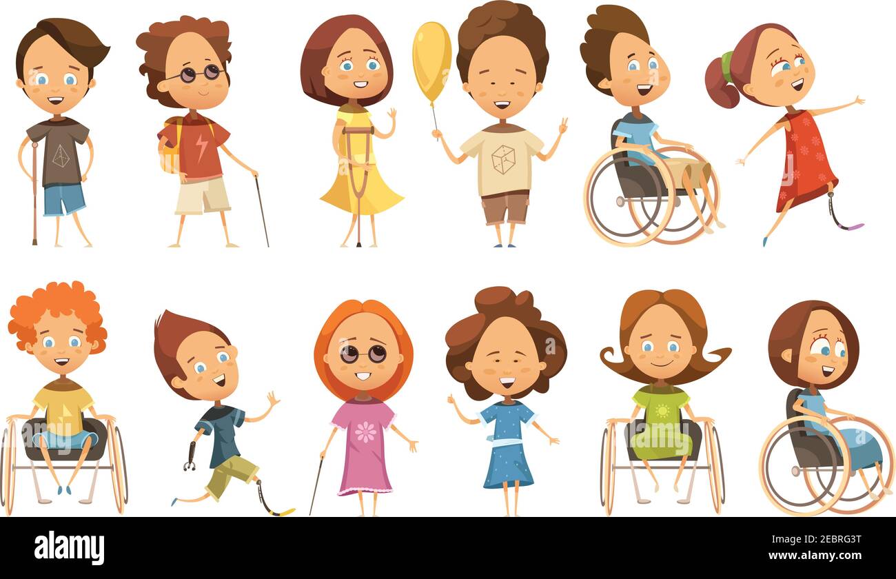 Set of disabled kids on wheelchair with crutch and prosthetic limbs ...