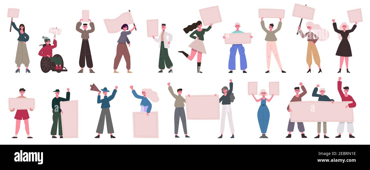 Protesting activists. People crowd hold banners, male and female ...