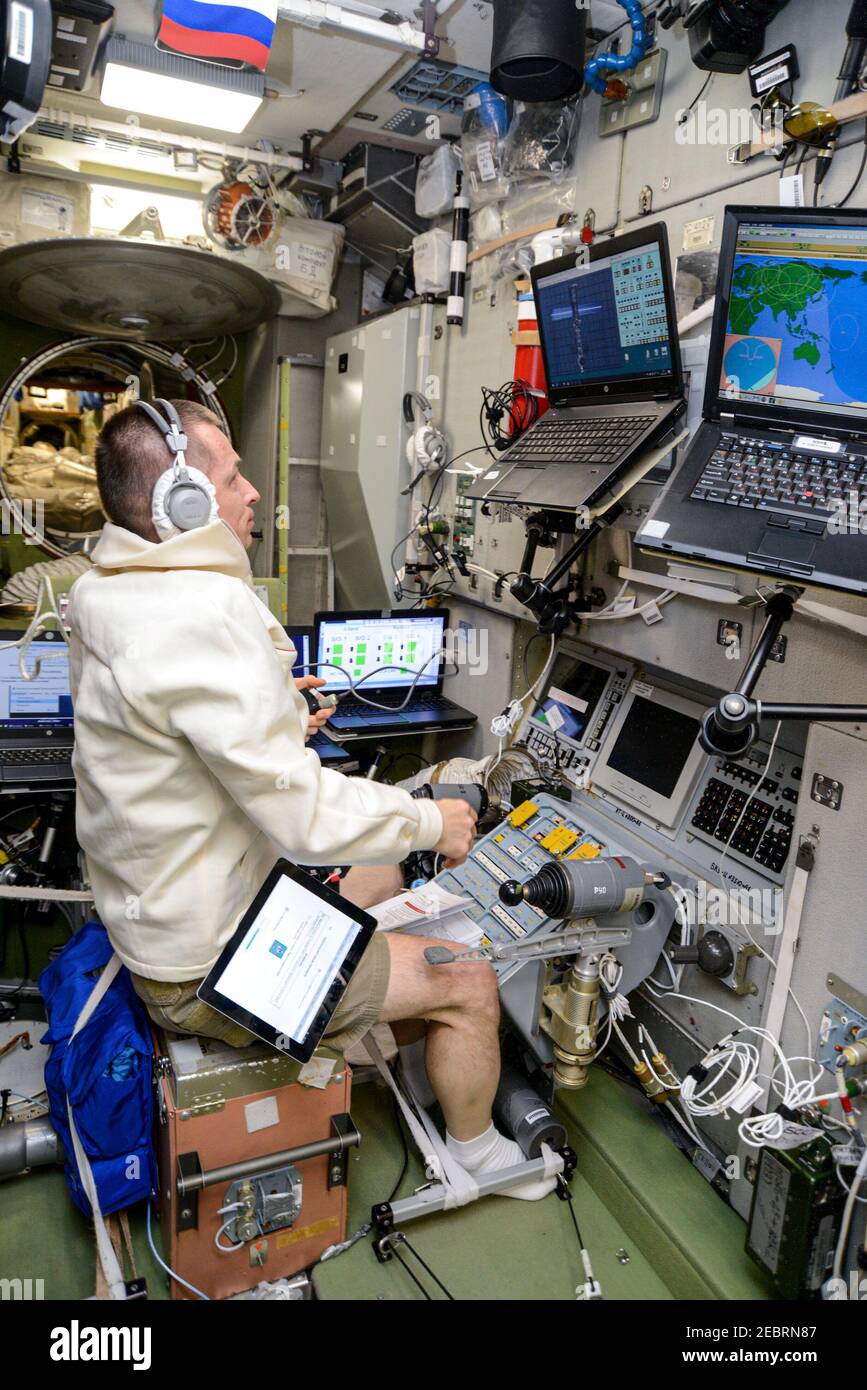 Roscosmos cosmonaut and Expedition 64 Commander Sergey Ryzhikov practices using the tele ...