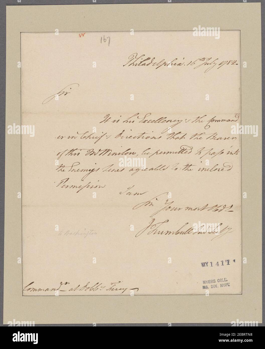 Trumbull, Jonathan, Jr. Philadelphia. To Commander at Dobbs Ferry Stock ...
