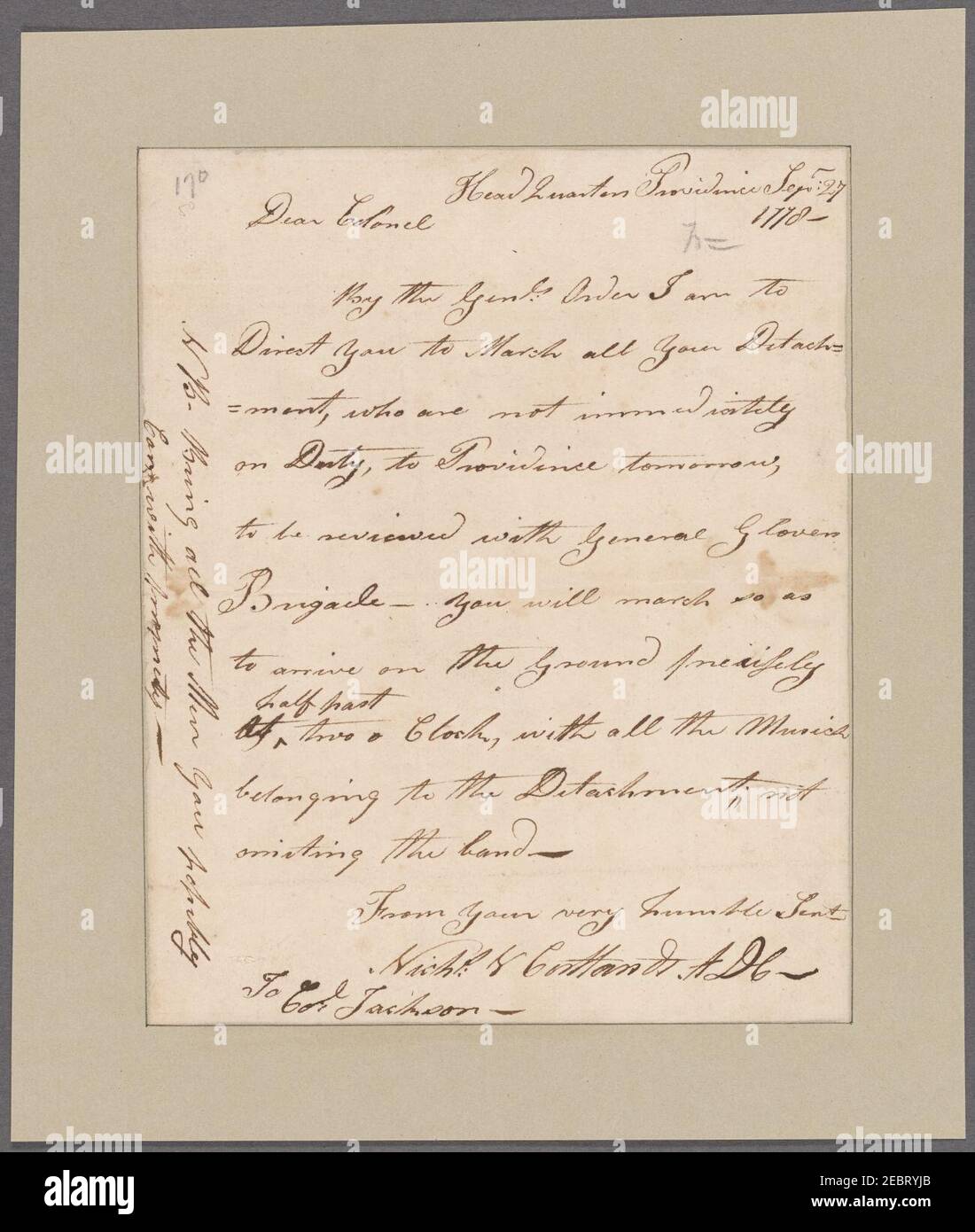 Van Cortlandt, Nicholas. Headquarters, Providence. To Colonel Jackson ...