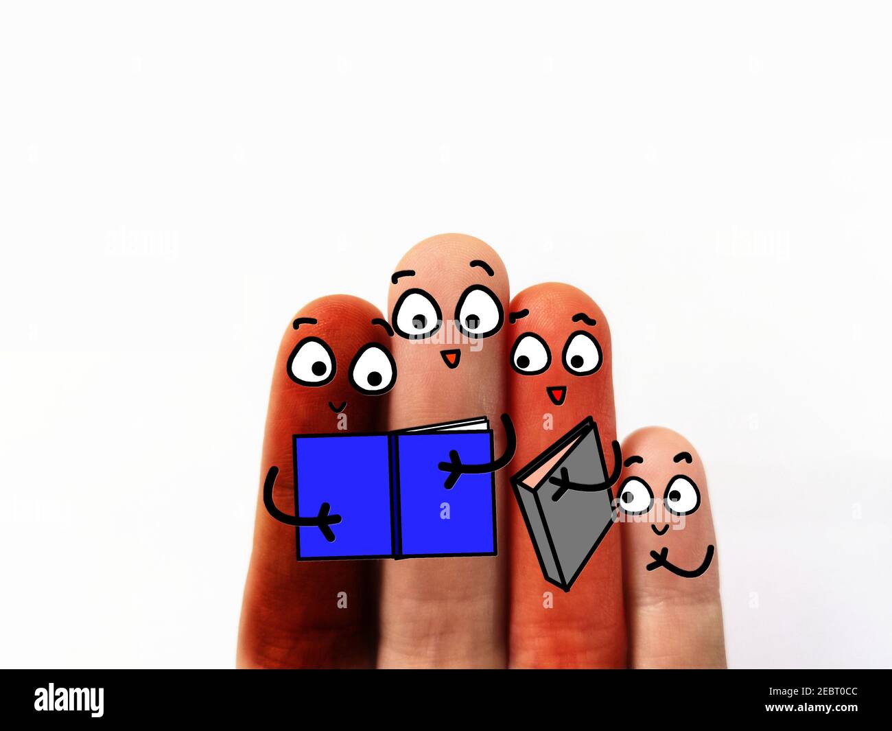 Four fingers are decorated as four person. They have different skin ...