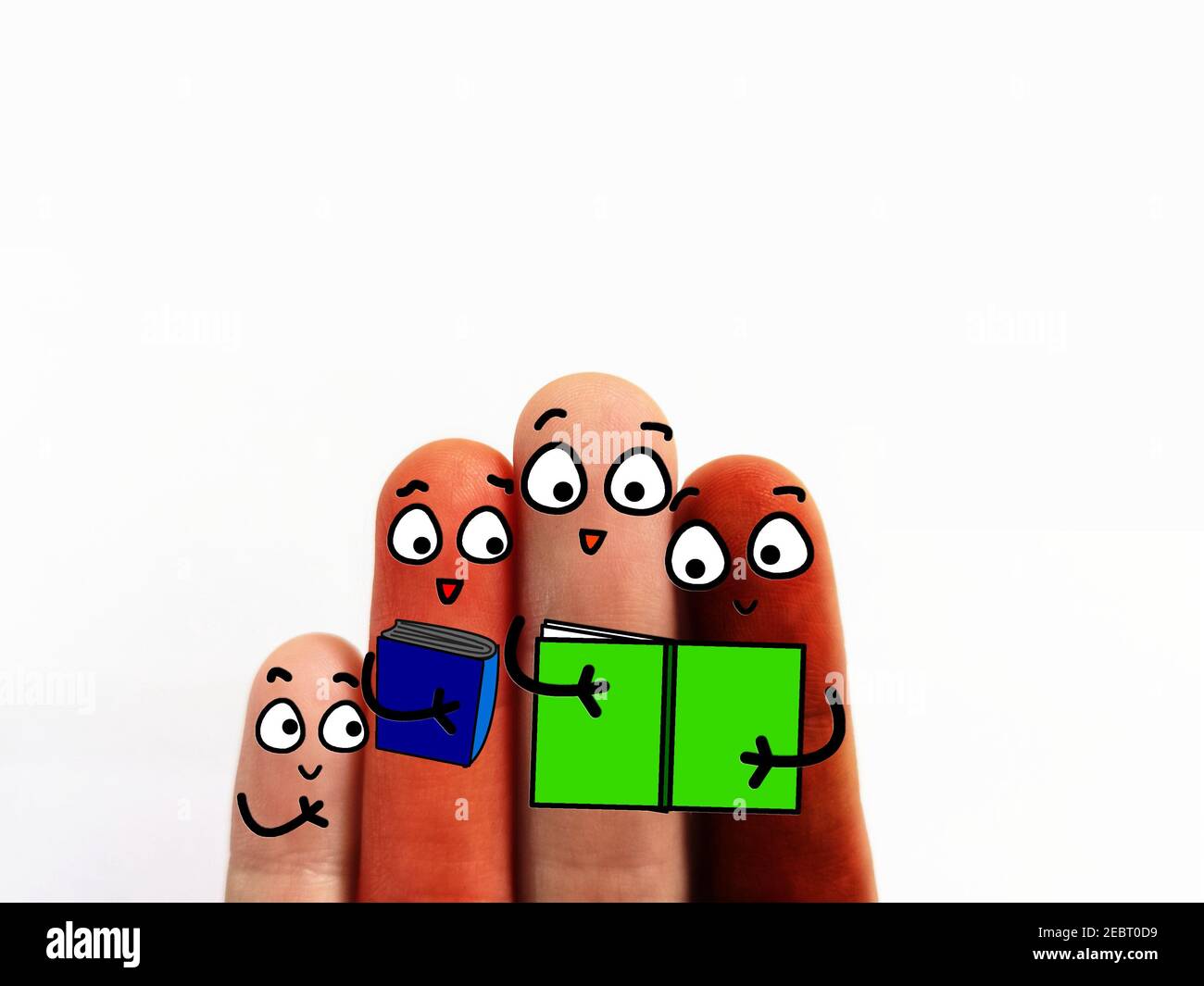 Four fingers are decorated as four person. They have different skin ...