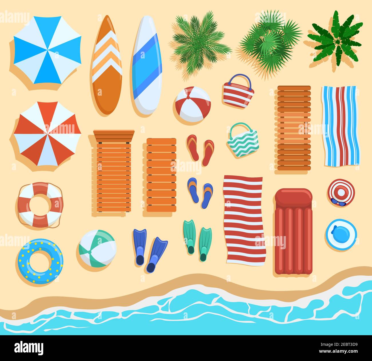 Beach elements top view. Sandy beach elements, tropical palms, chairs ...