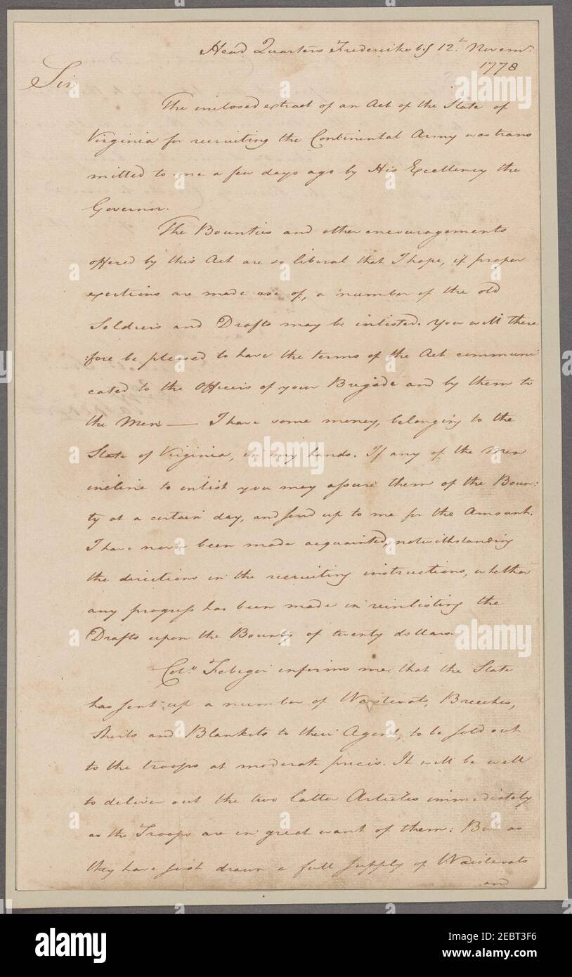 Washington, George. Headquarters. Frederick. To Colonel Morgan Stock ...