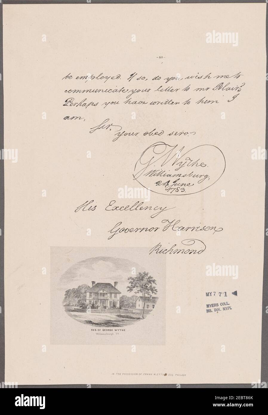 Wythe, George. Williamsburgh. To Gov. Harrison Stock Photo - Alamy