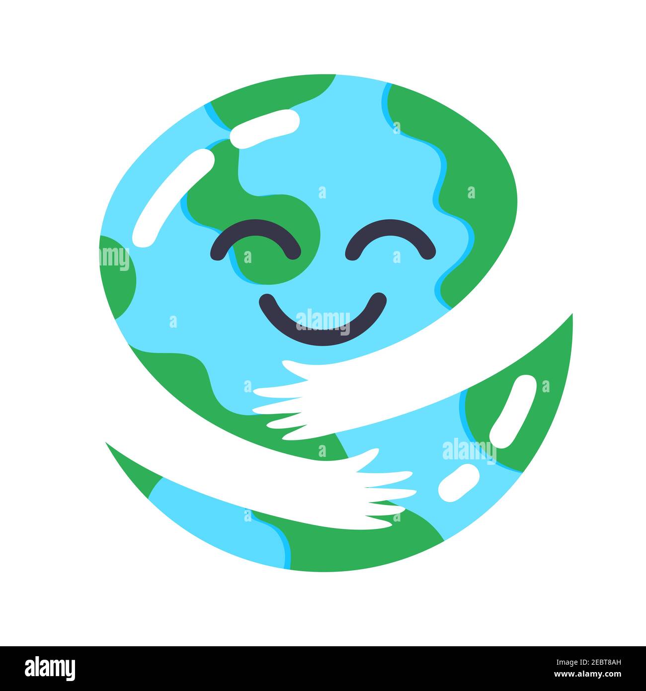 Earth caring. Cute planet mascot hugs himself, ecology concept, protect ...