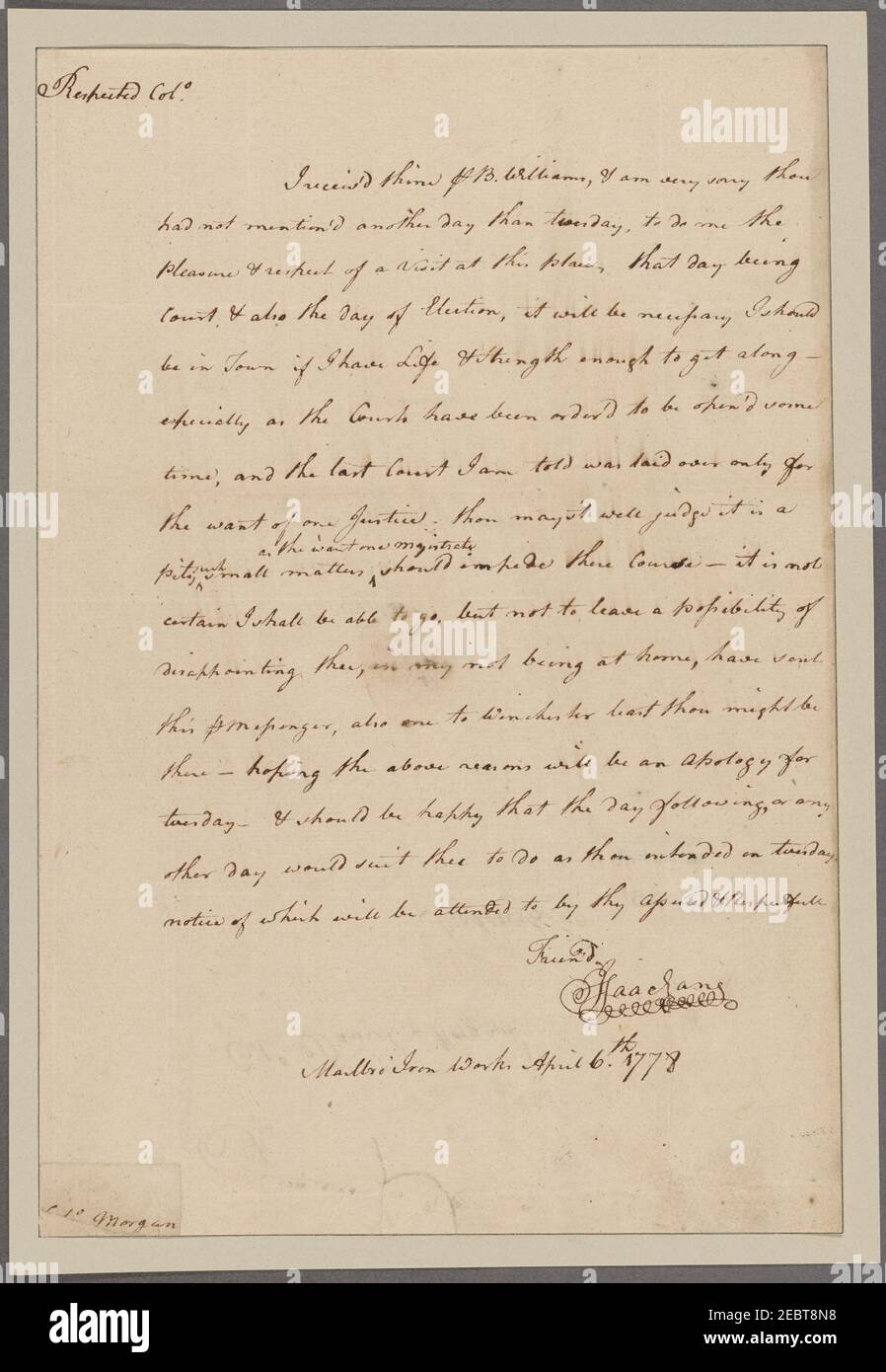 Zane, Isaac. Marlbro Iron Works. To Colonel Morgan Stock Photo - Alamy