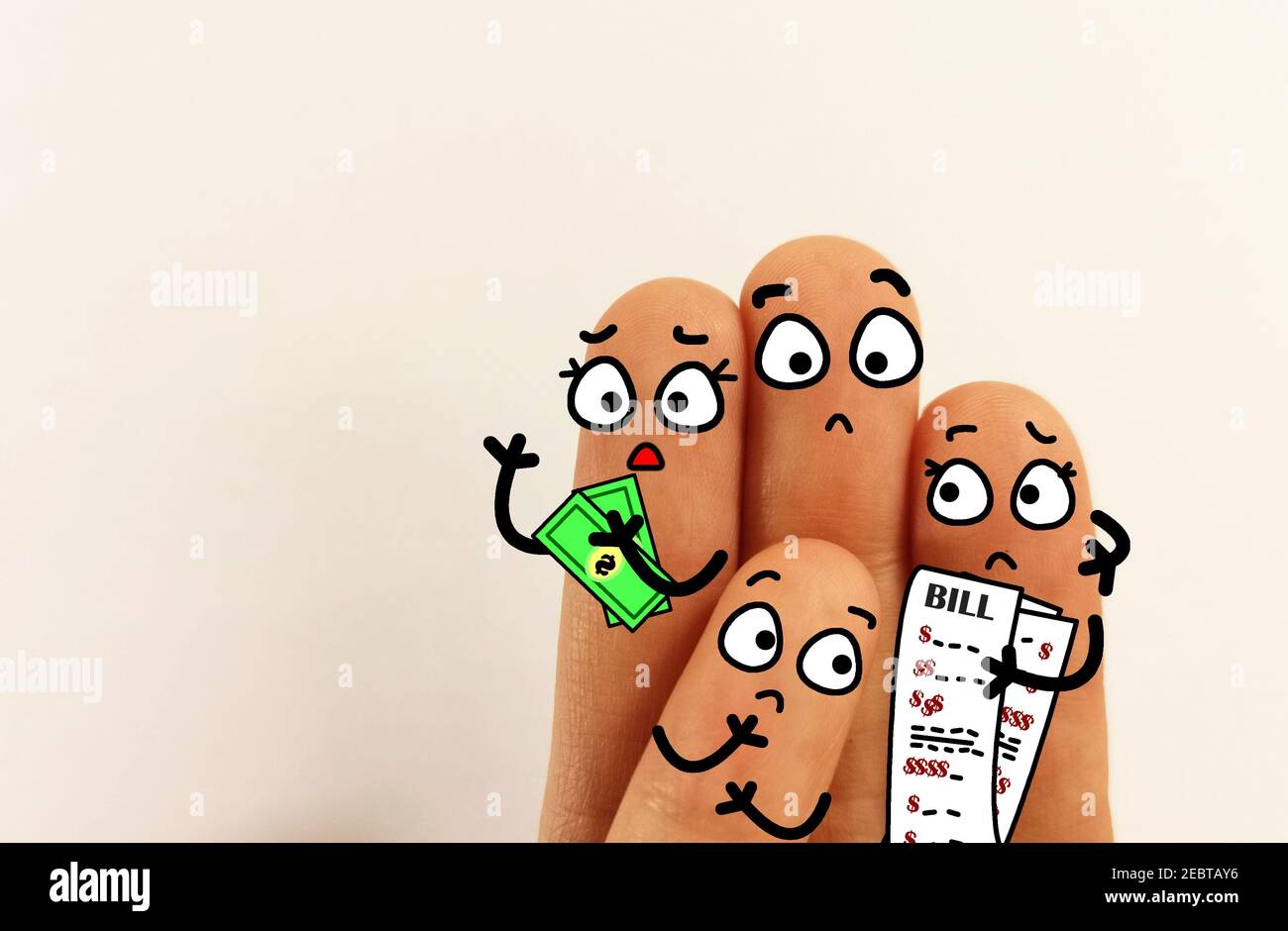 Four fingers are decorated as four person. They are worried. They have ...