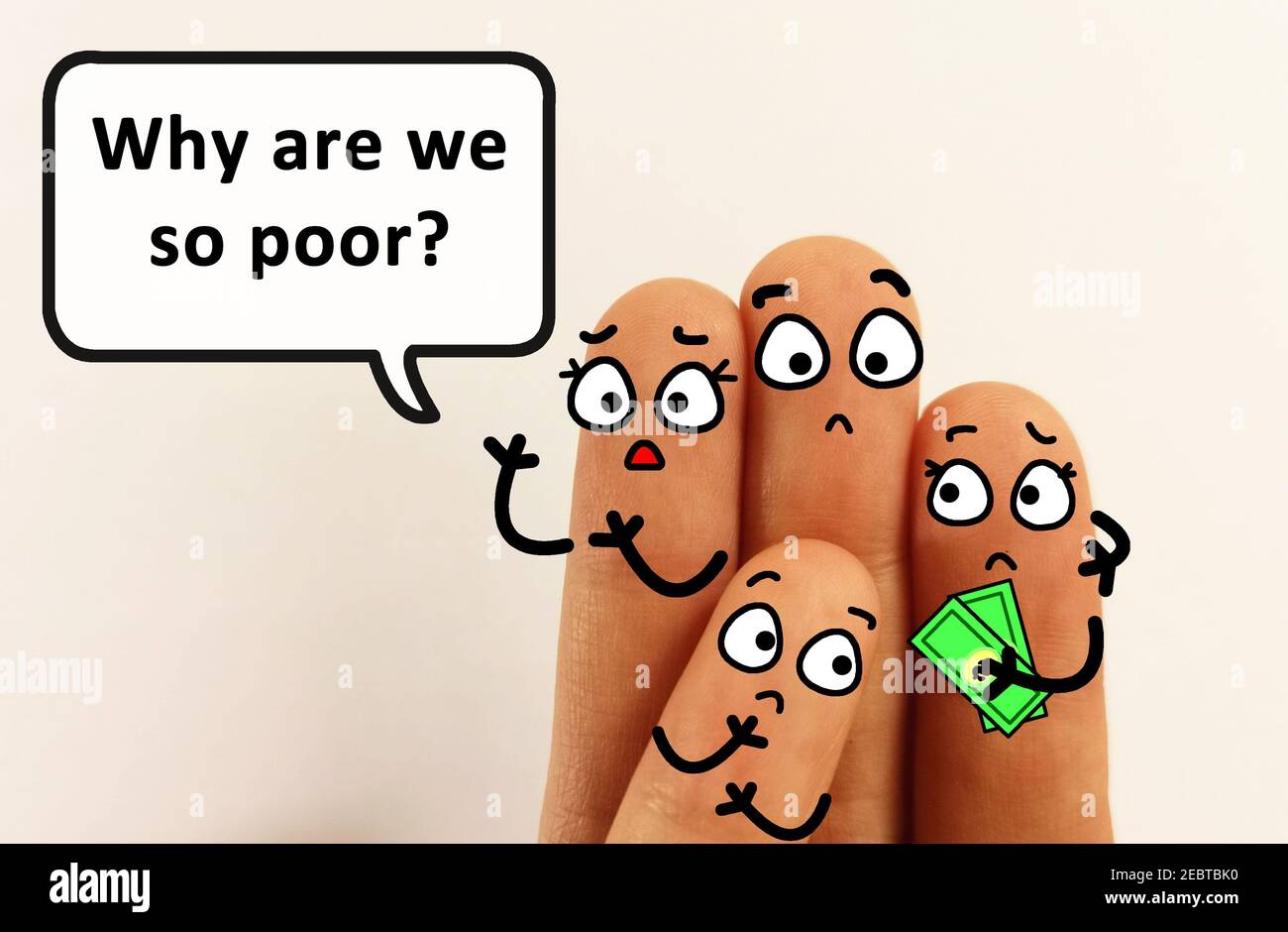 Four fingers are decorated as four person. They are worried.One of them ...