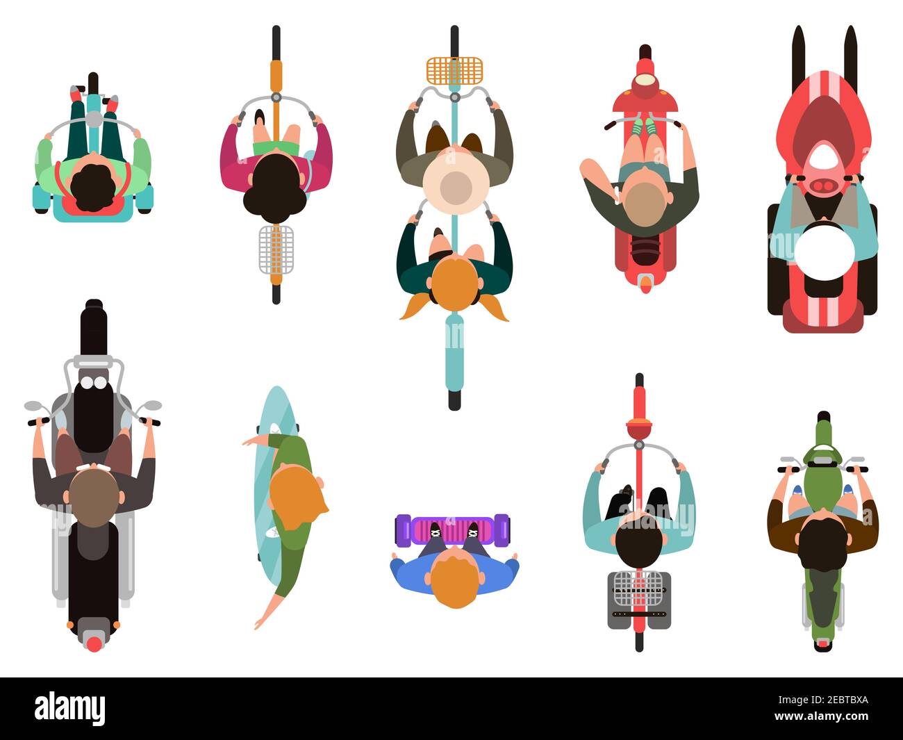 People on vehicles top view. Men and women riding motorcycle, bicycle ...